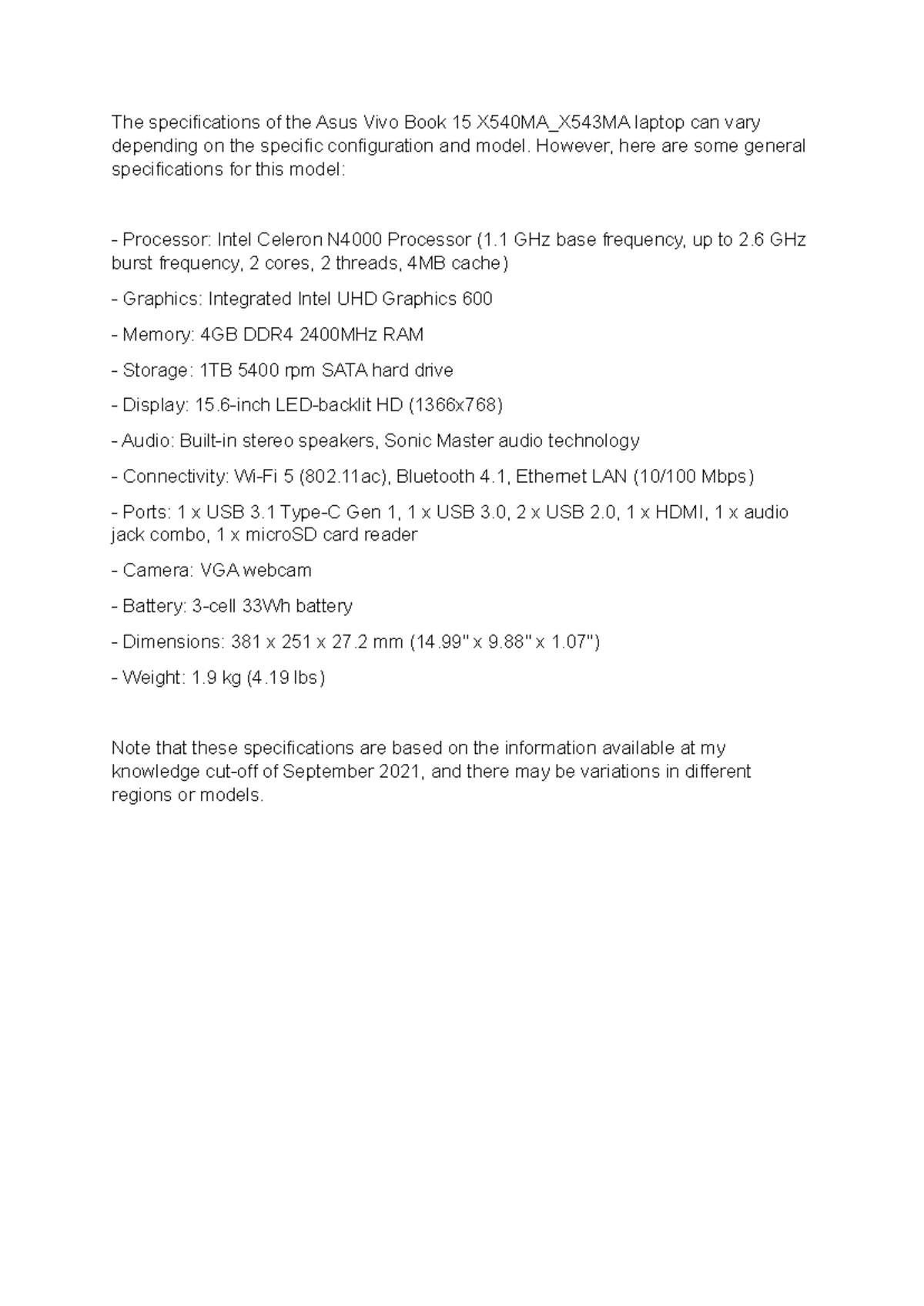 ASUS Vivobook 15 X540MA X543MA Specs - The specifications of the Asus ...