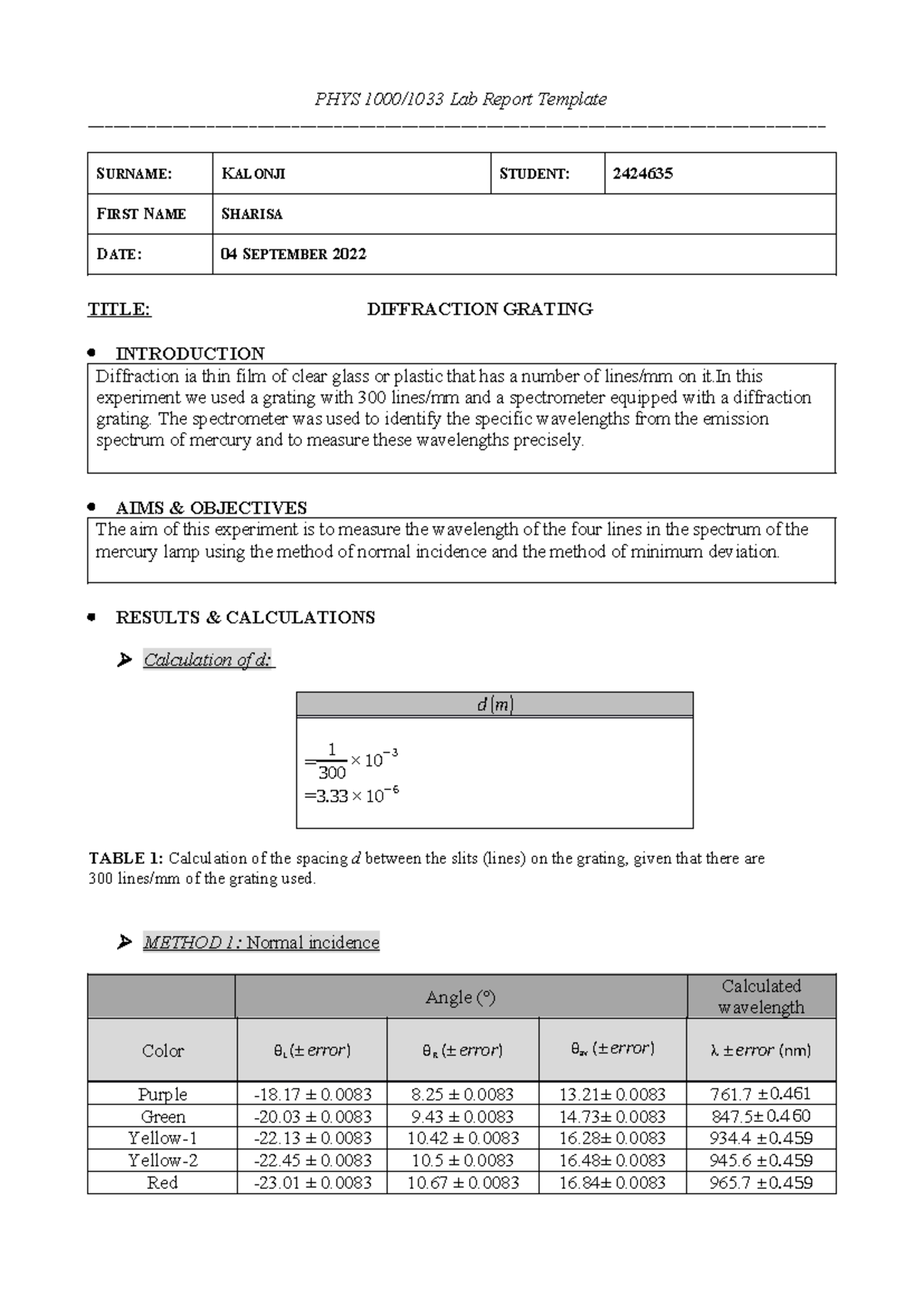 Exp06 - Diffraction Grating - PHYS 1000/1033 Lab Report Template - Studocu