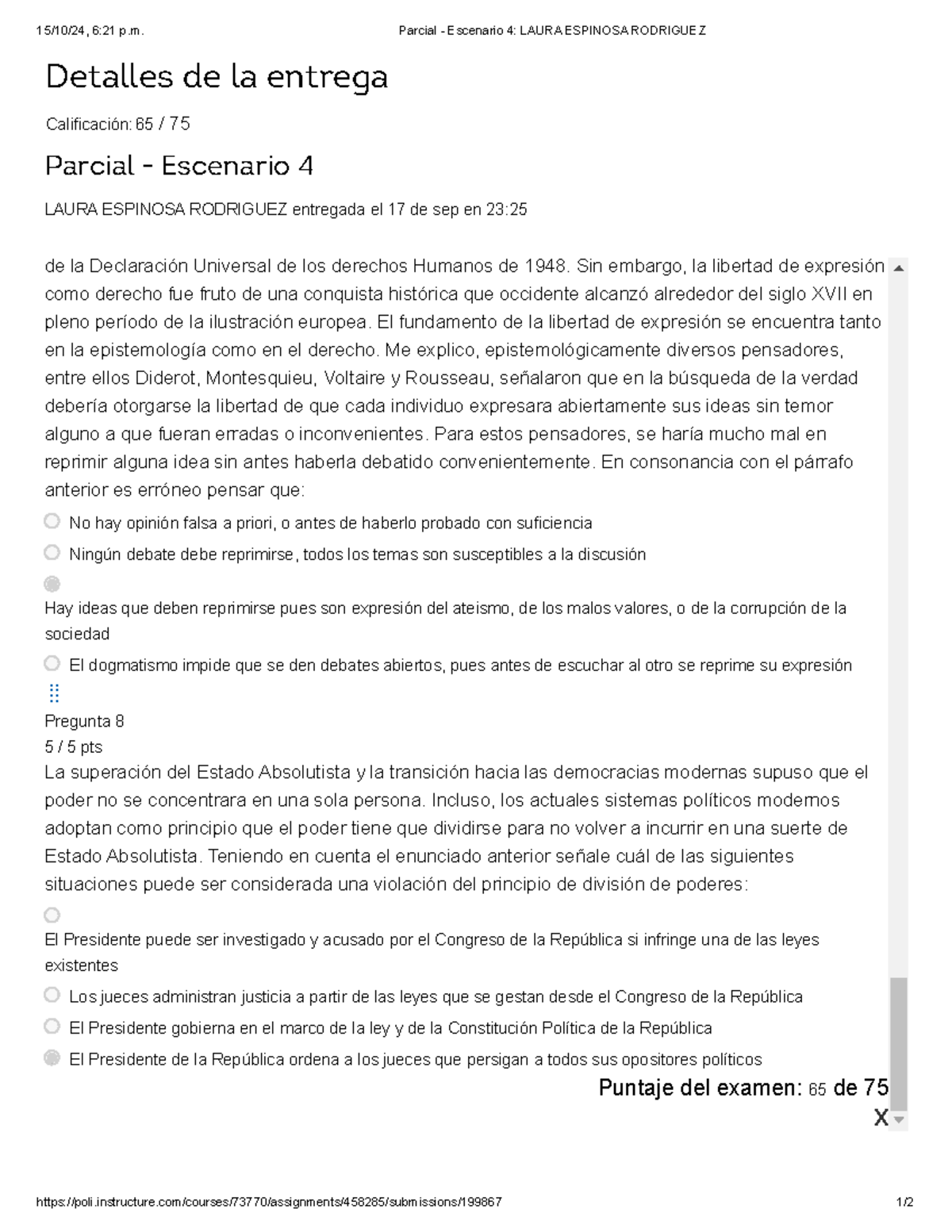 Parcial - Escenario 4 Laura Espinosa Rodriguez - Detalles de la entrega Calificación: 65 / 75 ...