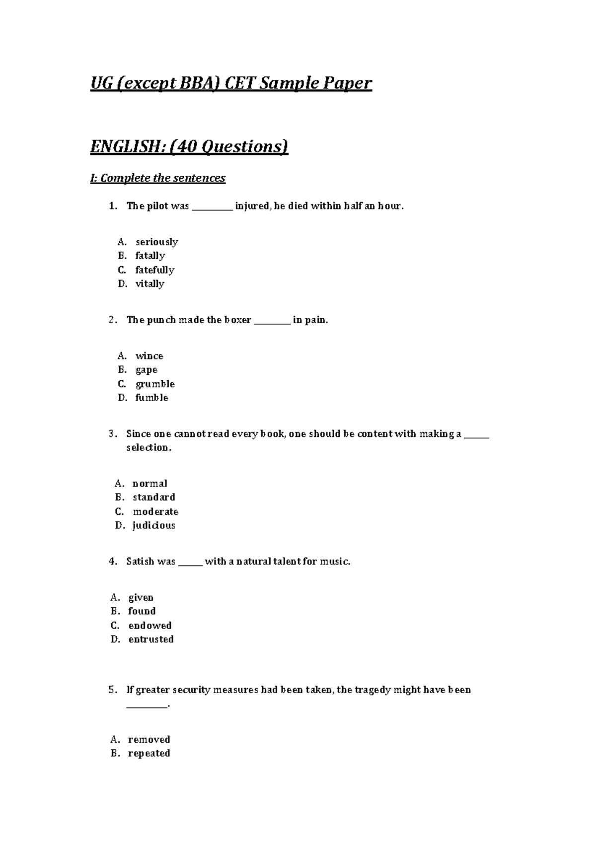 English Question PDF - To prepare exam. - UG (except BBA) CET Sample ...