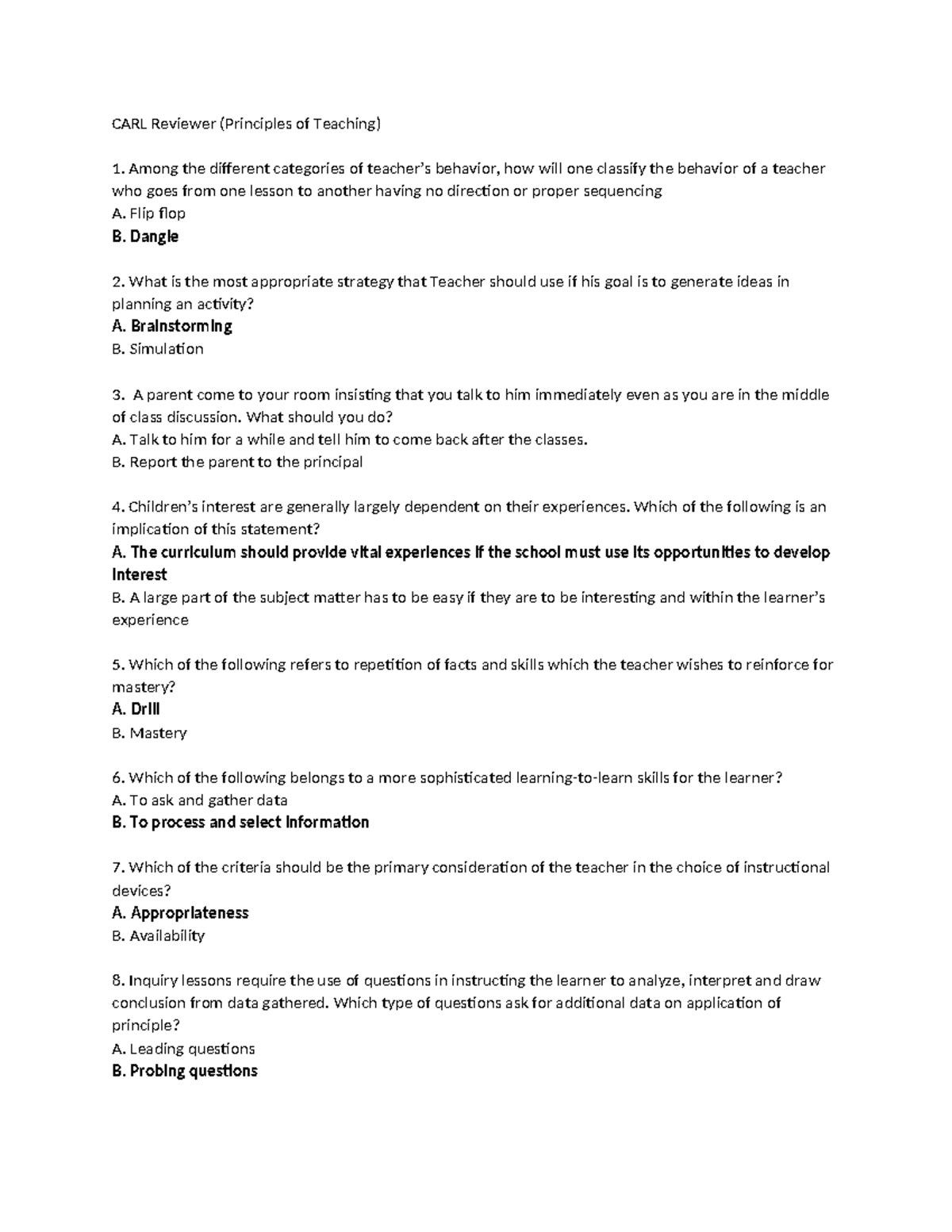 CARL Reviewer principles of teaching - CARL Reviewer (Principles of ...