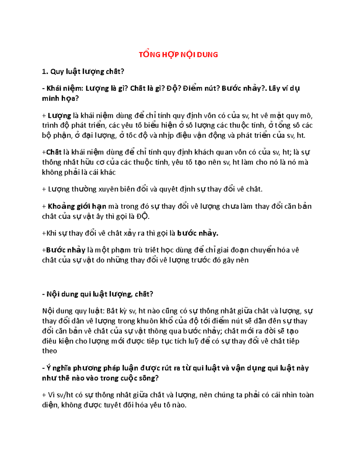 CÂU HỎI LÀM BÀI TẬP NHÓM 4 - T ỔNG H ỢP N ỘI DUNG 1. Quy lu ật l ượng chấất? Khái ni ệm: L - Studocu