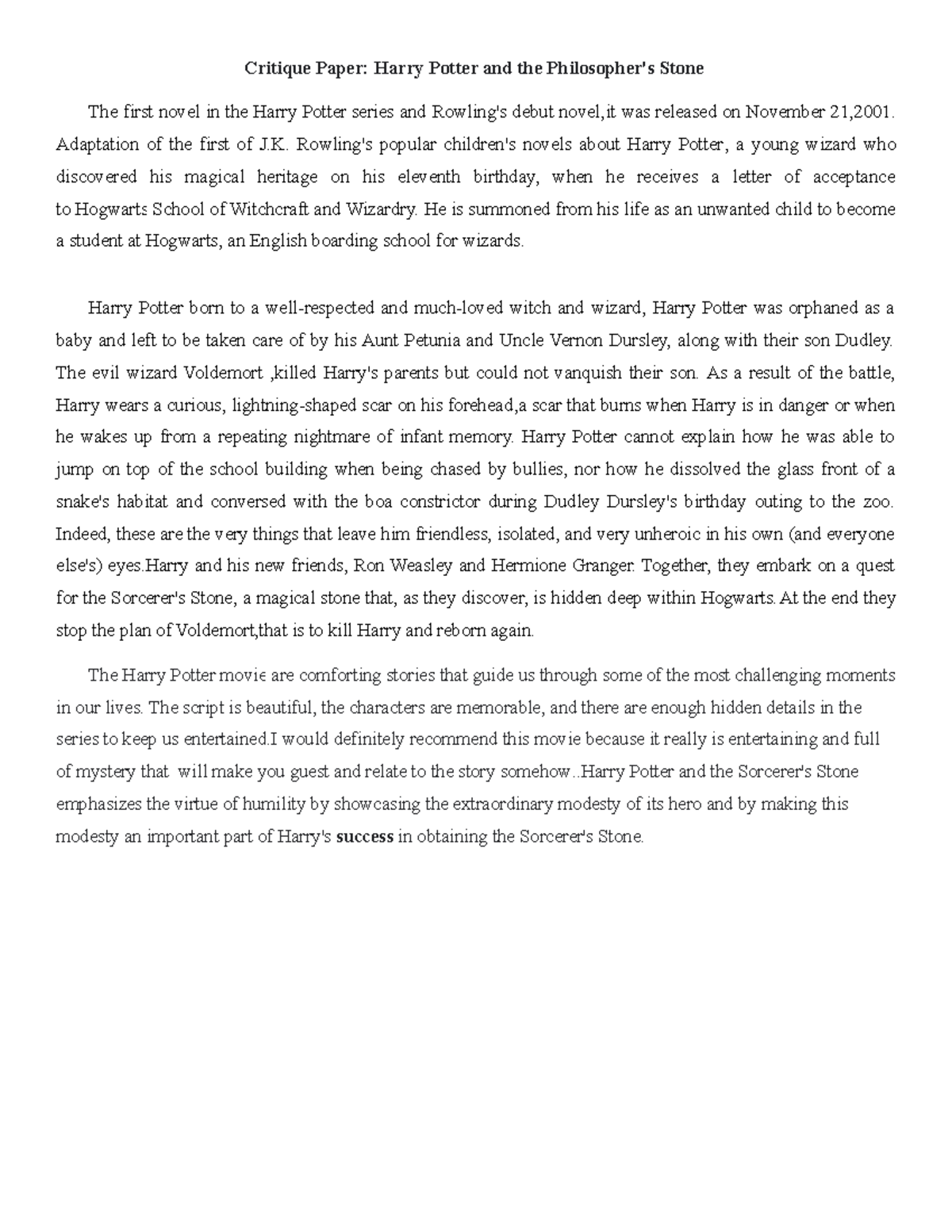 Critique Paper - Adaptation of the first of J. Rowling's popular ...