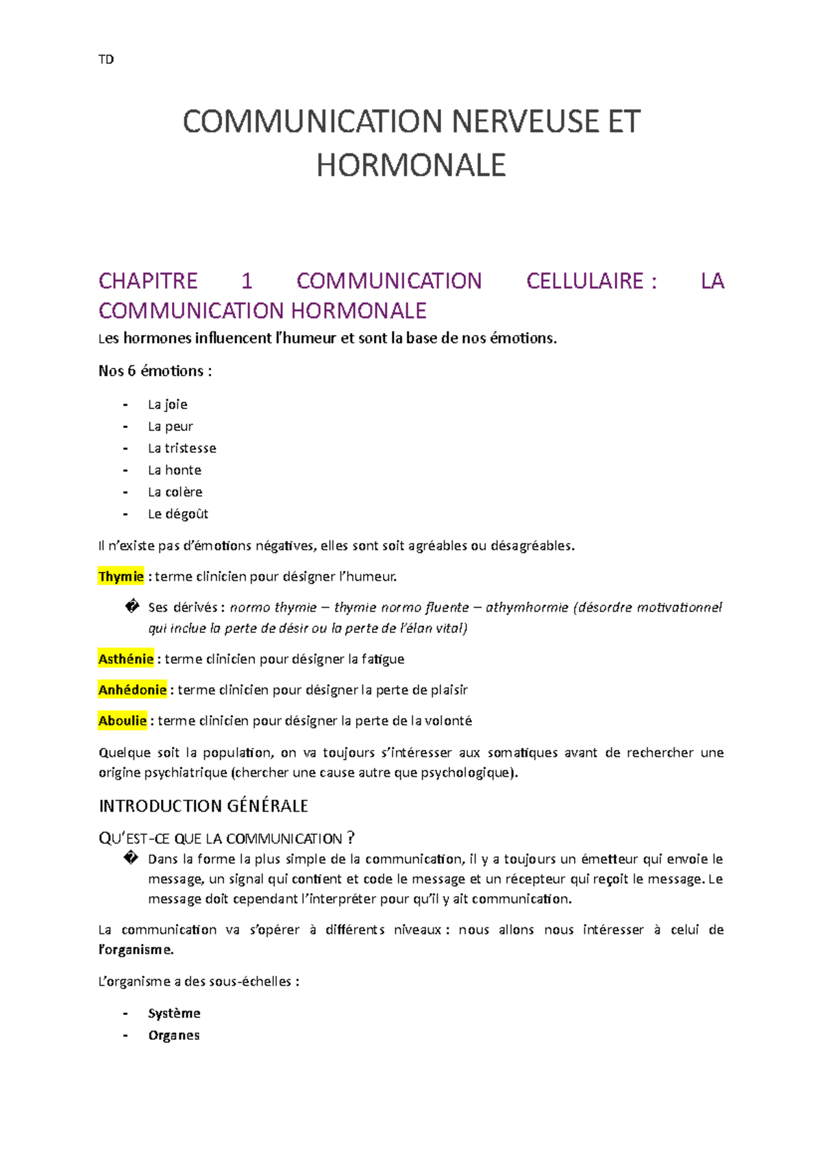 TD entier communication nerveuse et hormonale - COMMUNICATION NERVEUSE ...