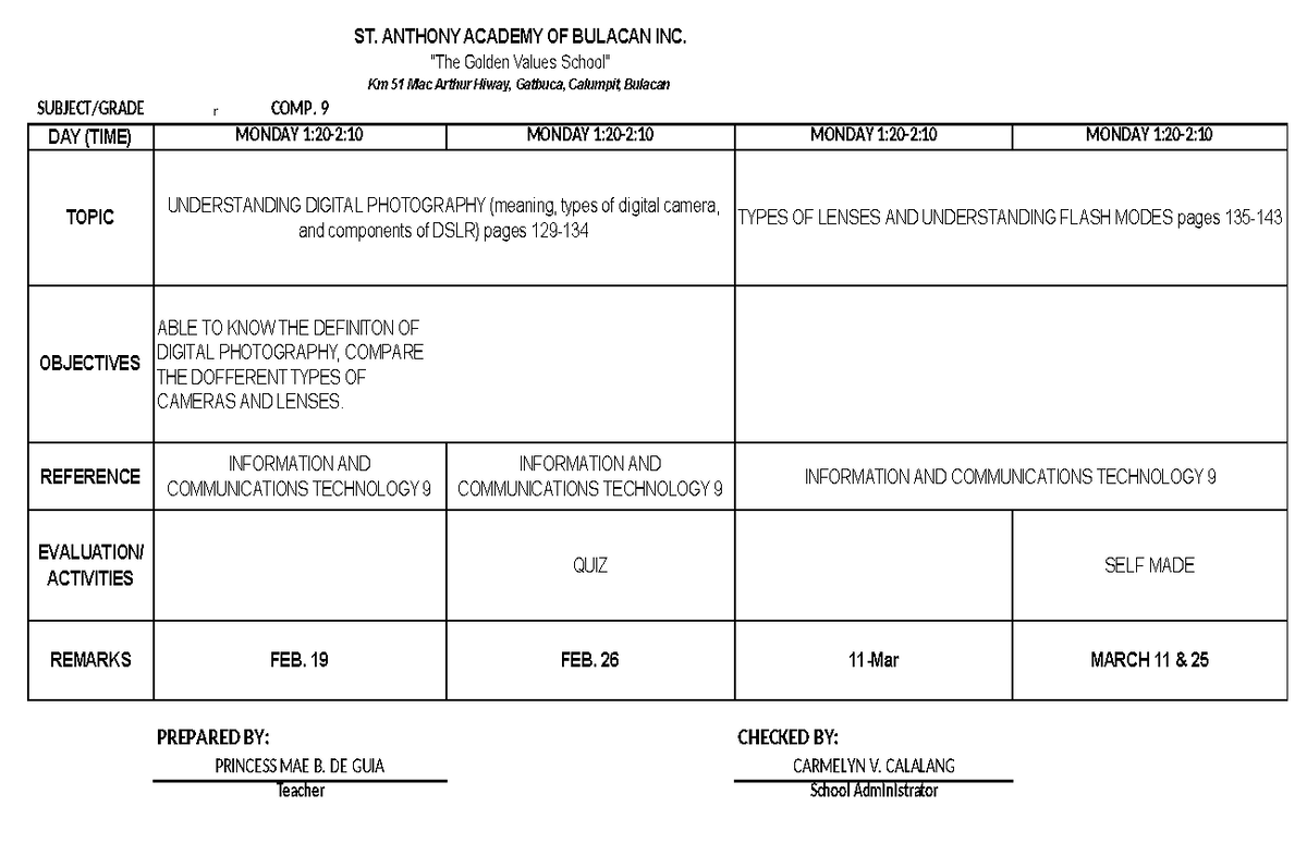 DLL FEB 26- March - PRACTICE MATERIALS - SUBJECT/GRADE COMP. 9 DAY ...