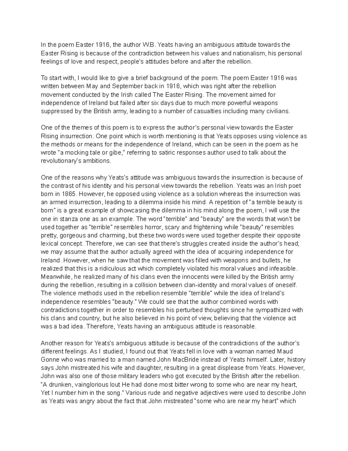 Discursive Essay on W.B. Yeats’s Ambiguous Attitude towards the Easter ...