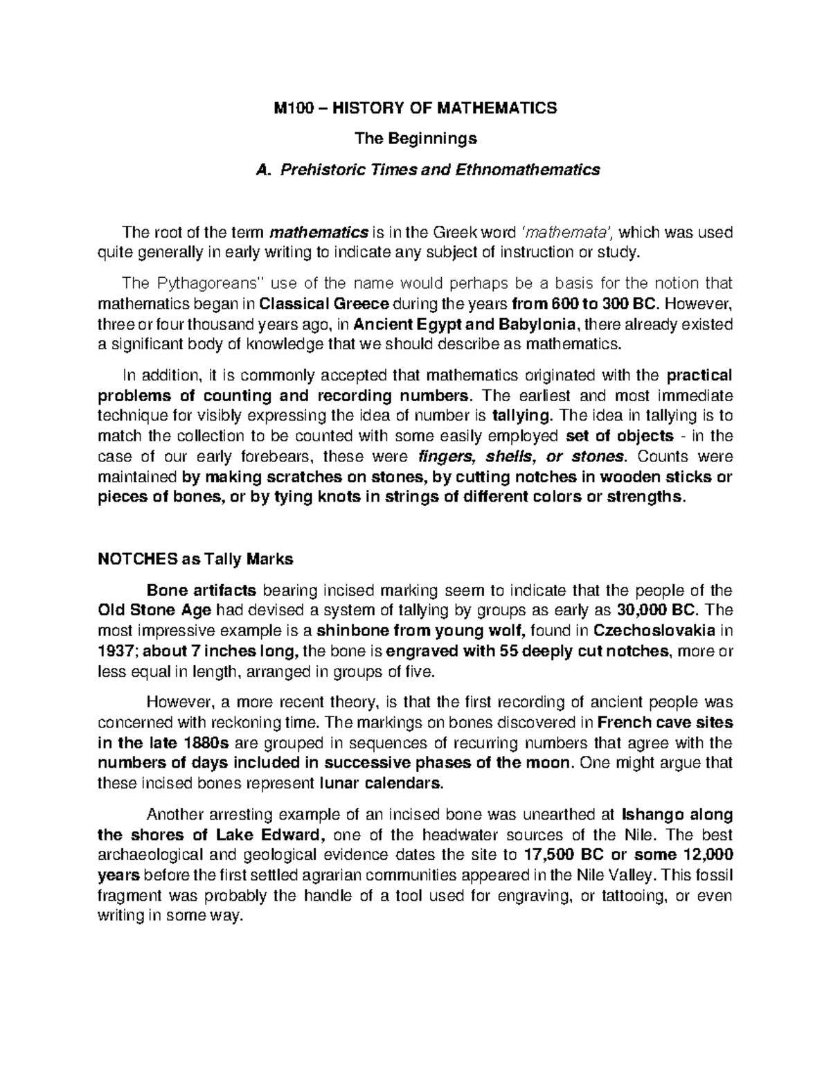 Prehistoric Times and Ethnomathematics - M100 – HISTORY OF MATHEMATICS The Beginnings A ...