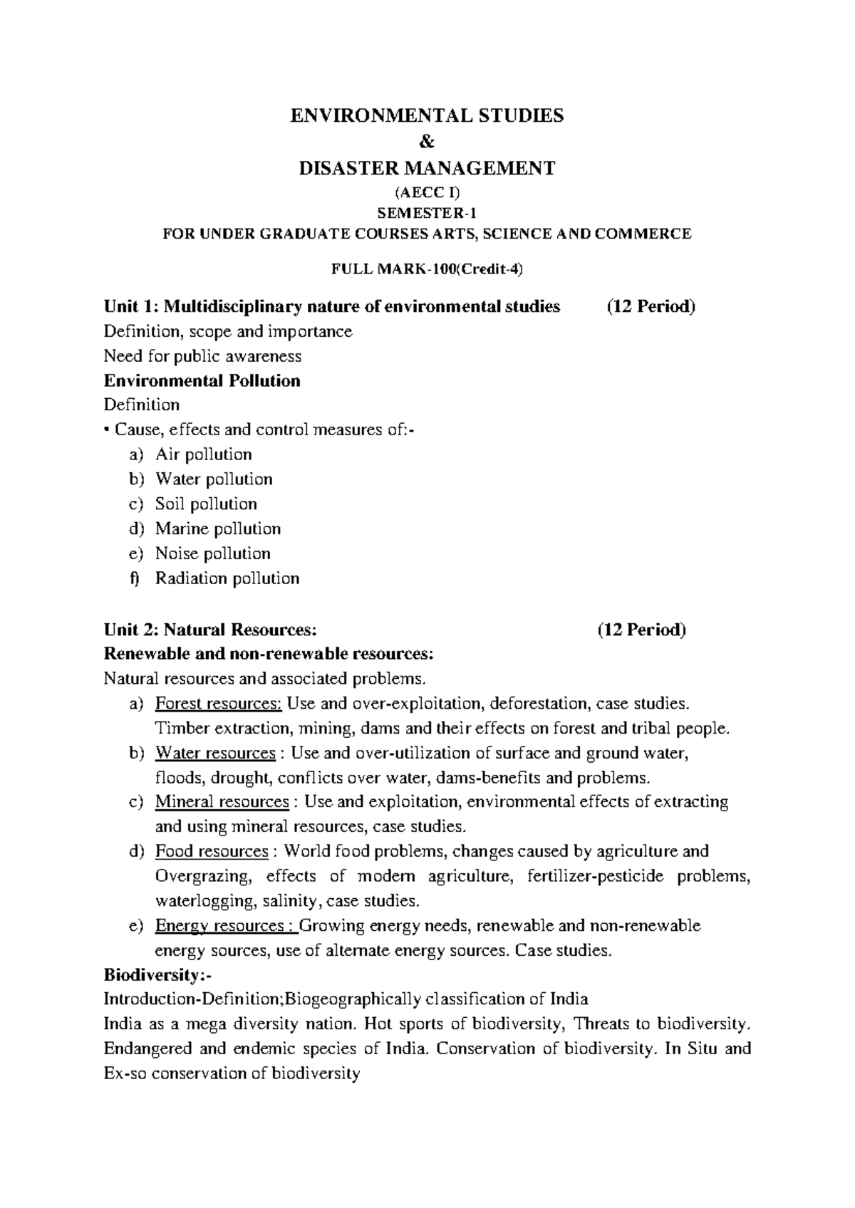 EVS - Notes - ENVIRONMENTAL STUDIES & DISASTER MANAGEMENT (AECC I ...