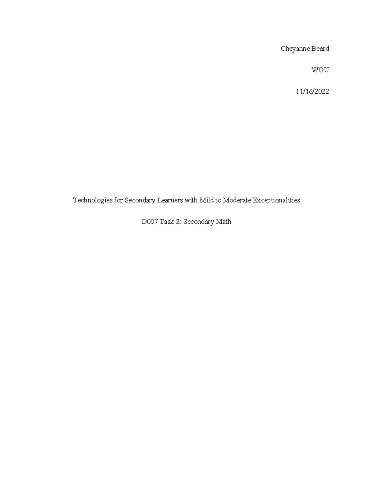 D007 Task 2 - Objective Assessment for Task 2 example. - Cheyanne Beard ...