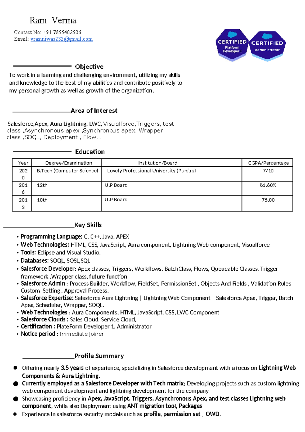 Ram Resume - Ram Verma Contact No: +91 7895402926 Email: vramniwas232 ...