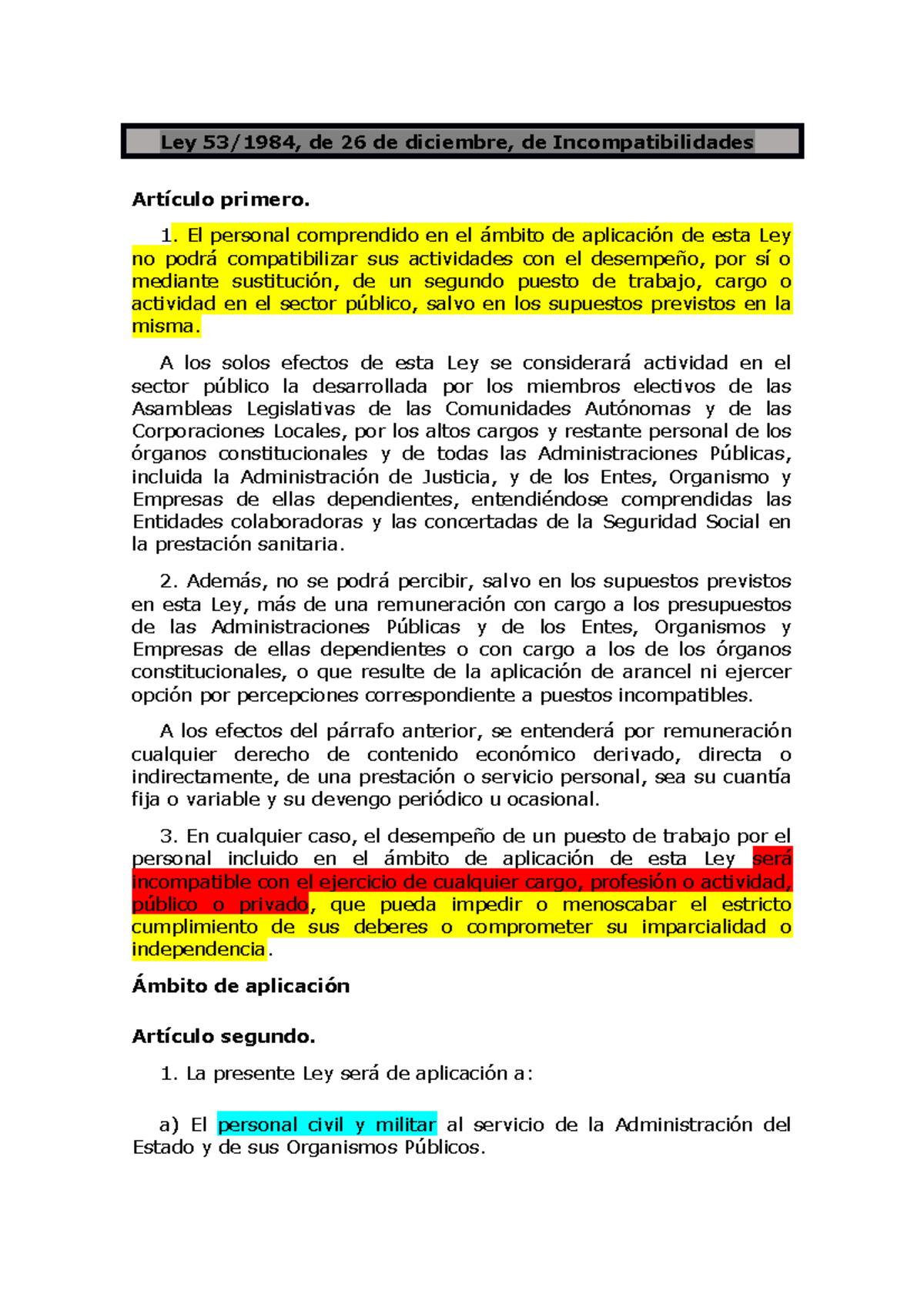 Incompatibilidades Funcionarios Resumen - Ley 53/1984, de 26 de ...
