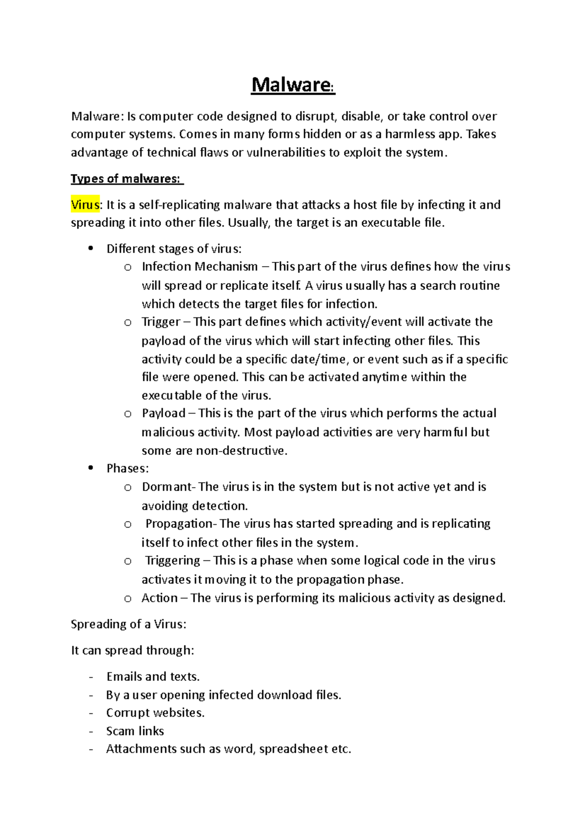 Notes - Malware: Malware: Is computer code designed to disrupt, disable ...