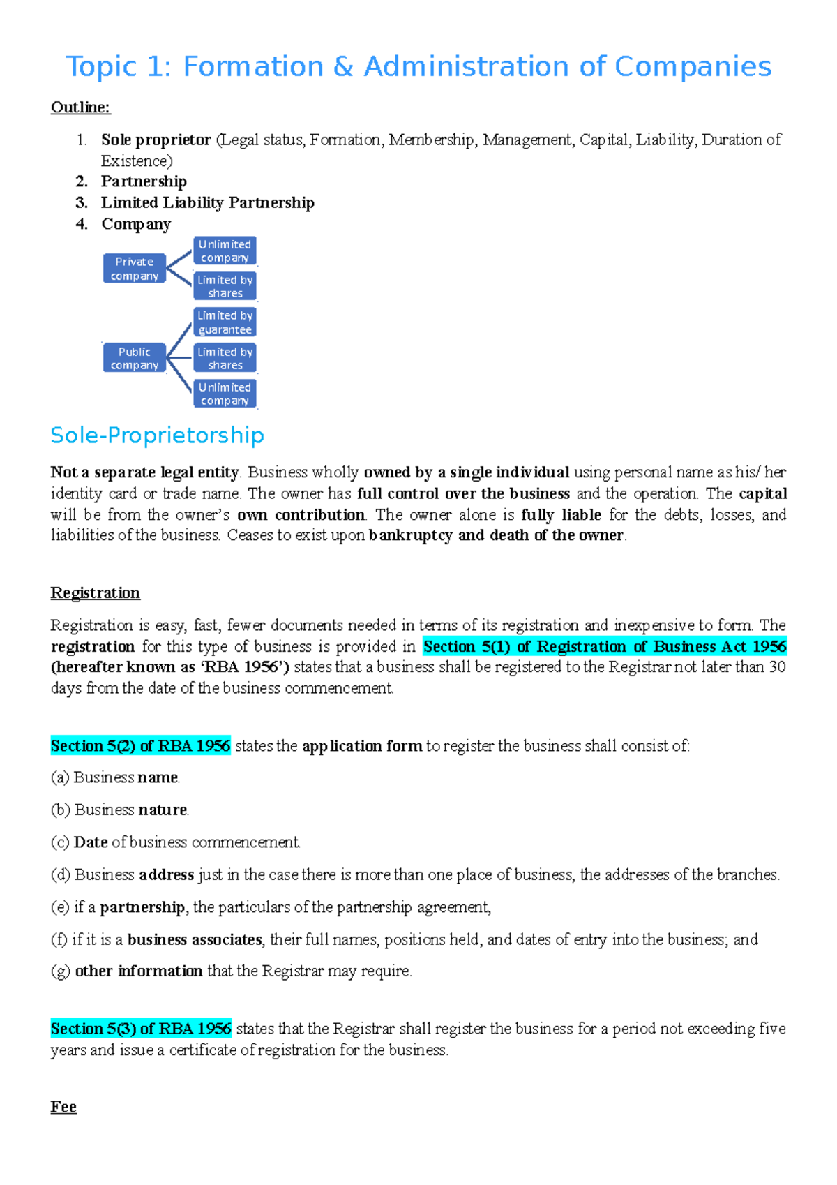 Topic 1 Intro Company LAW - Topic 1: Formation & Administration of ...