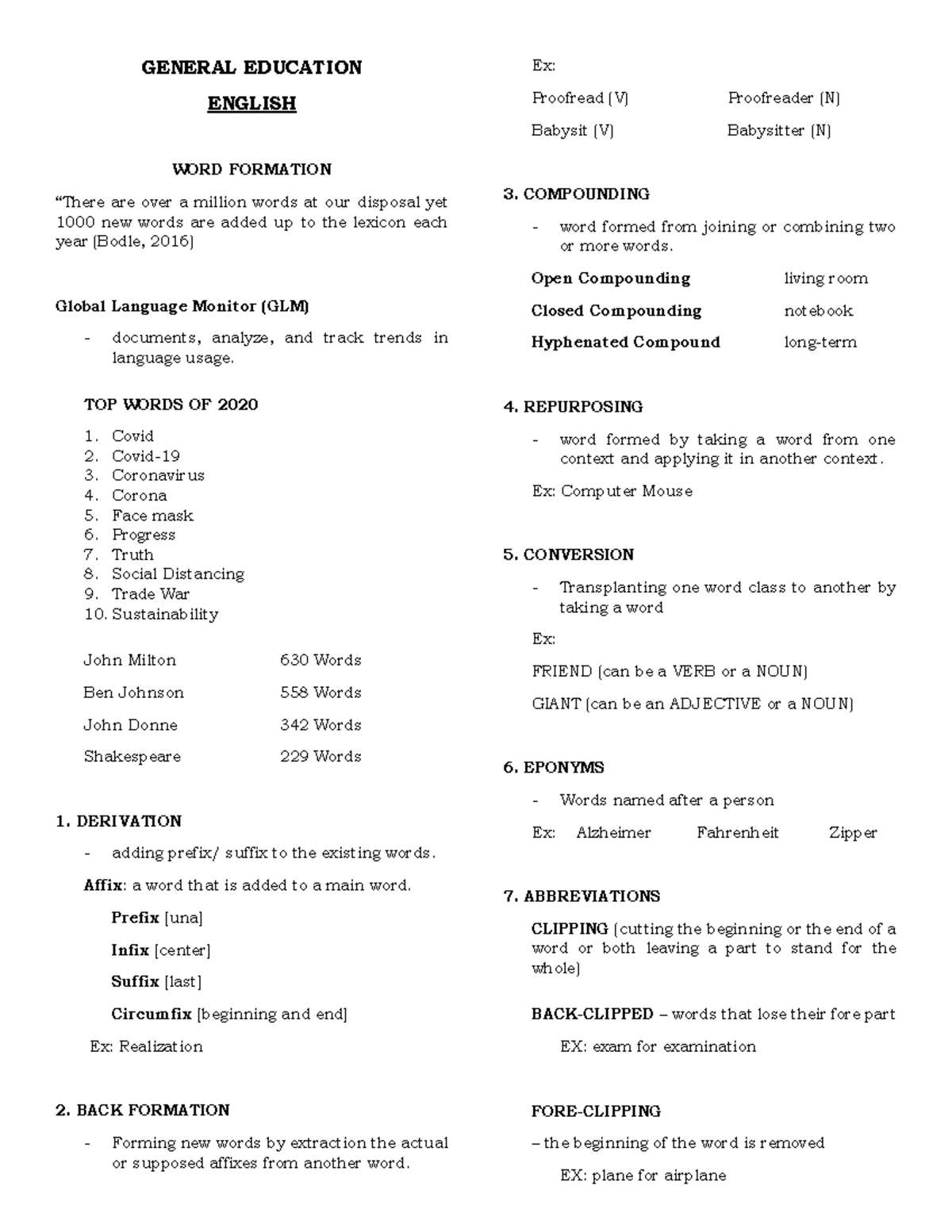 General Education English - GENERAL EDUCATION ENGLISH WORD FORMATION ...