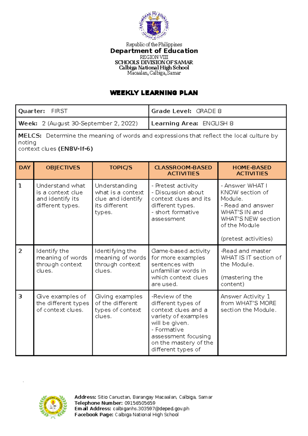 WLP Eng8 1 - In leau of Daily lesson plan, weekly home learning is ...