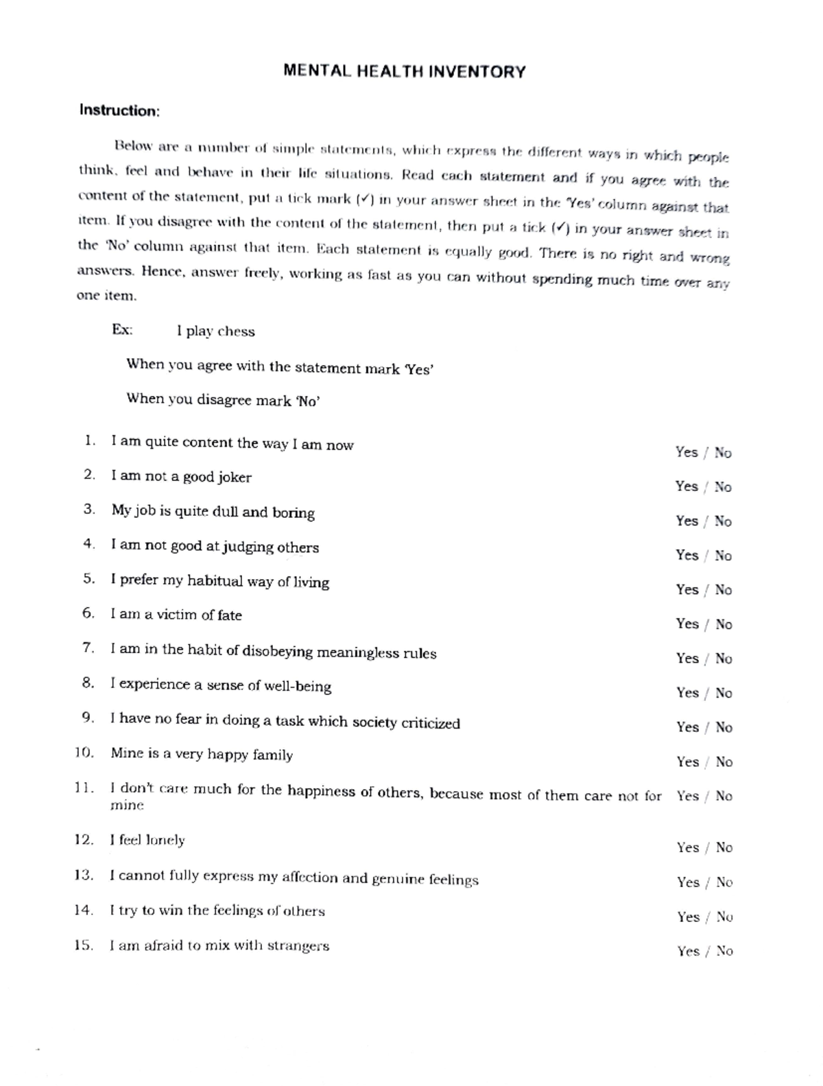 Mental health inventory - MENTAL HEALTH INVENTORY ####### Instruction ...