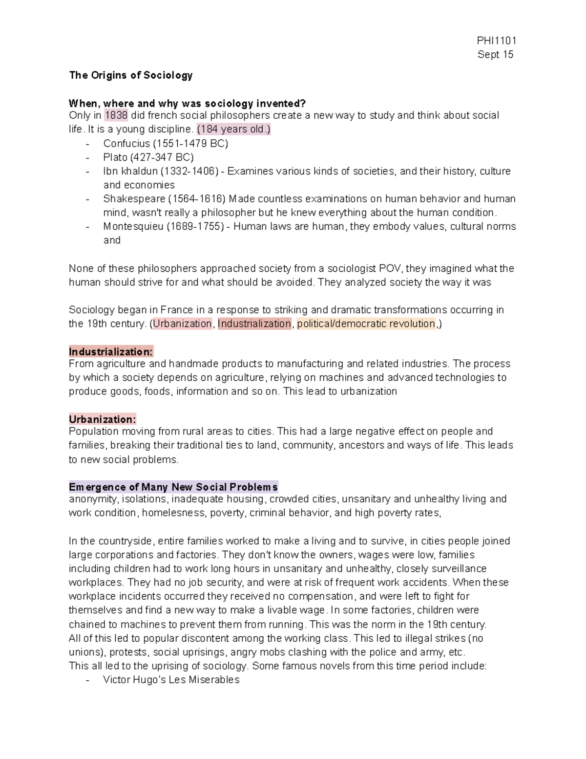 SOC1101- Sept 15 Lecture Notes - PHI Sept 15 The Origins of Sociology ...