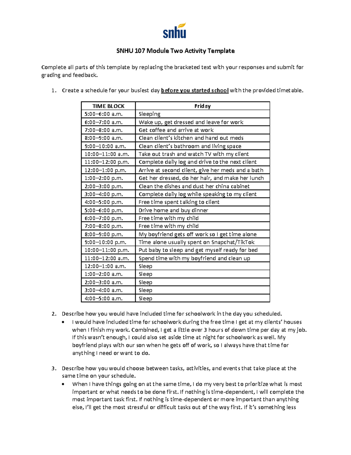 2-2 Personal Scheduling - SNHU 107 Module Two Activity Template ...
