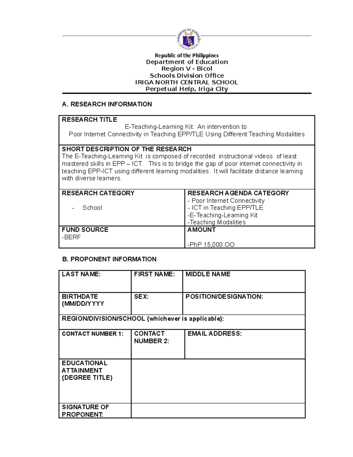 Sample Action Research EPP - Republic of the Philippines Department of ...