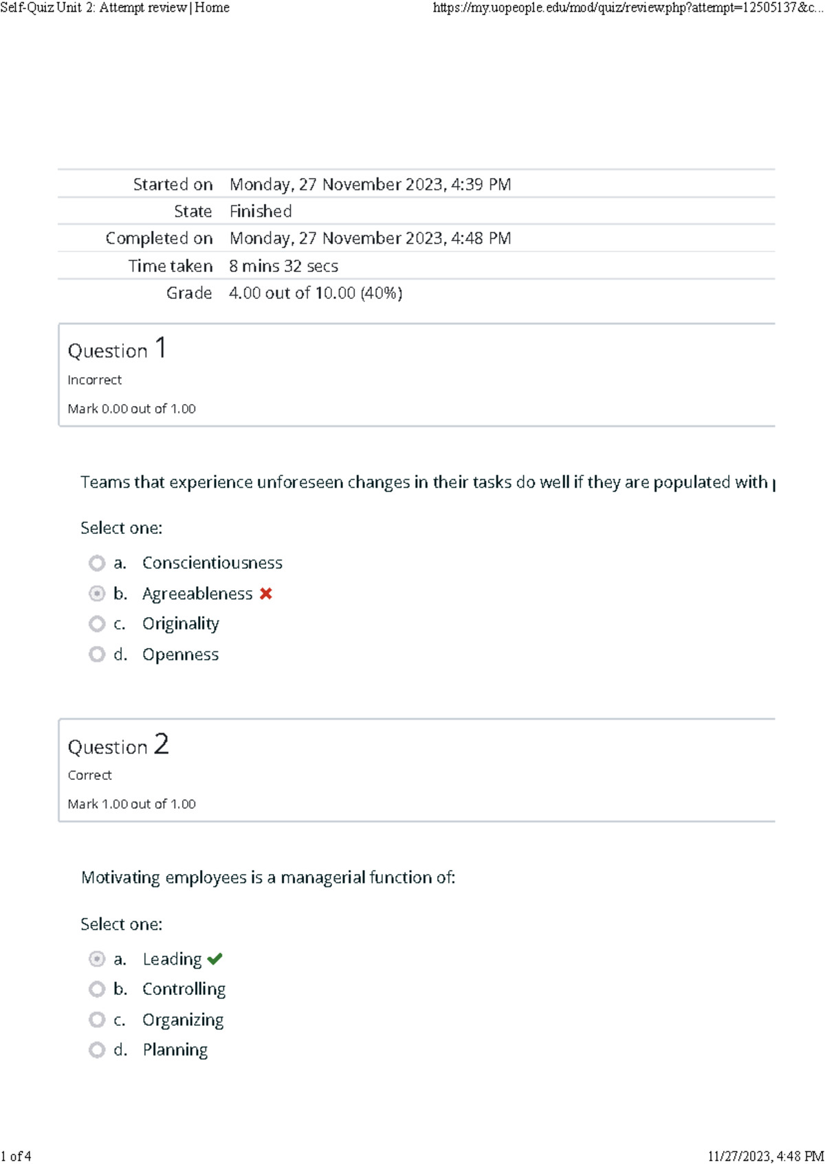 Self-Quiz Unit 2 Attempt review Home - Started on Monday, 27 November 2023, 4:39 PM State ...