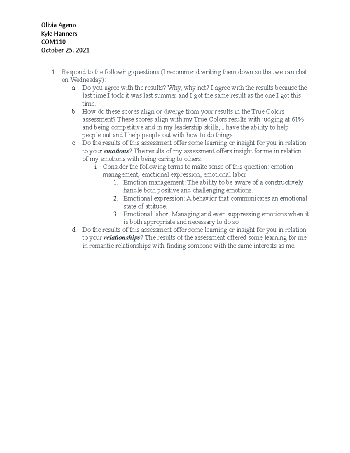 10.25 Out-of-Class assignment - Olivia Ageno Kyle Hanners COM October ...