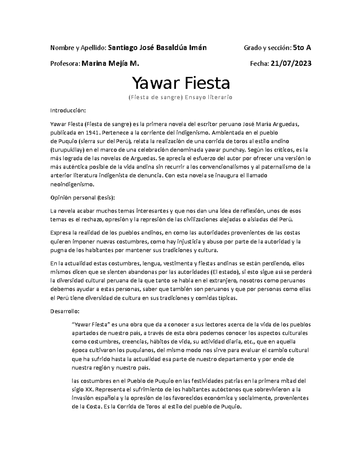 Ensayo literario Yawar Fiesta - Nombre y Apellido: Santiago José ...