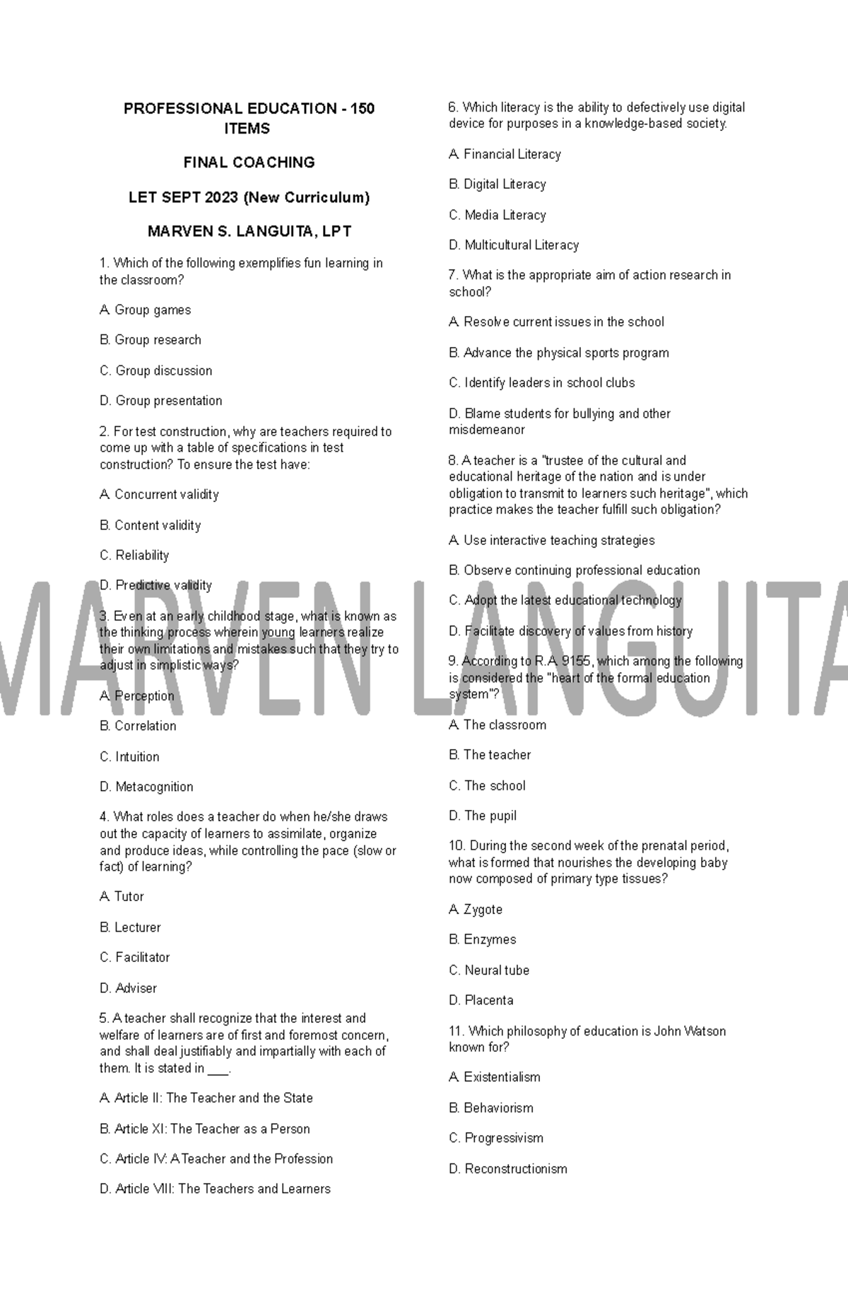 Prof Ed Final Coaching Letsept 2023 - PROFESSIONAL EDUCATION - 150 ITEMS FINAL COACHING LET SEPT ...