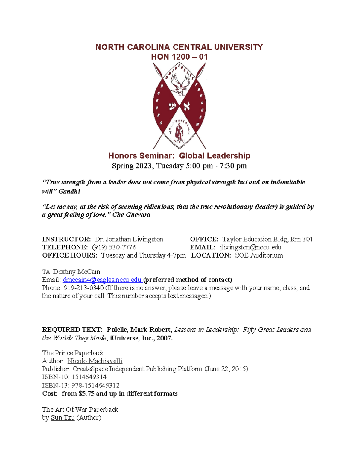 SPR 2023 HON1200 Syllabus final - NORTH CAROLINA CENTRAL UNIVERSITY HON ...