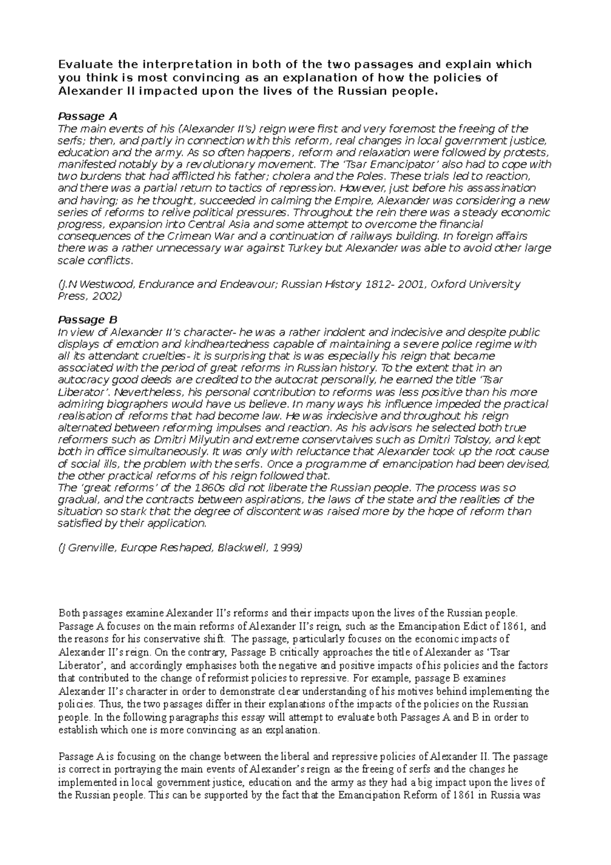 Alexander II paper- A level passage question - Evaluate the ...