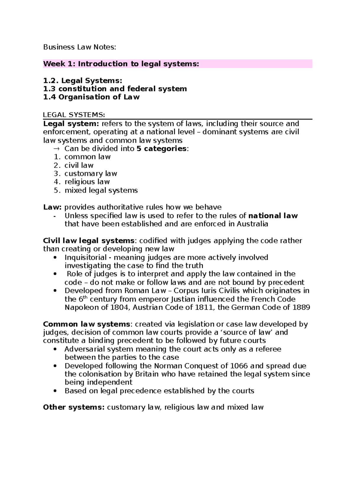 Business Law Notes Final - Complete Guide - Business Law Notes: Week 1 ...