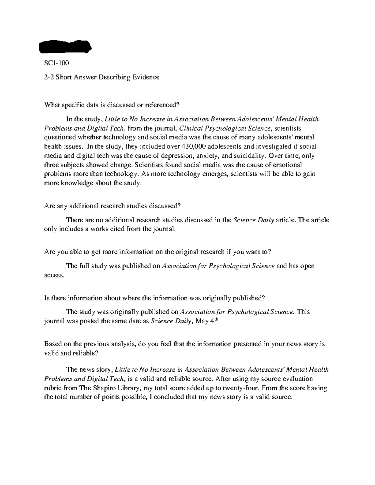 Sci 100 2-2 Short Answer Describing Evidence - Siobhan Morris SCI- 2-2 ...