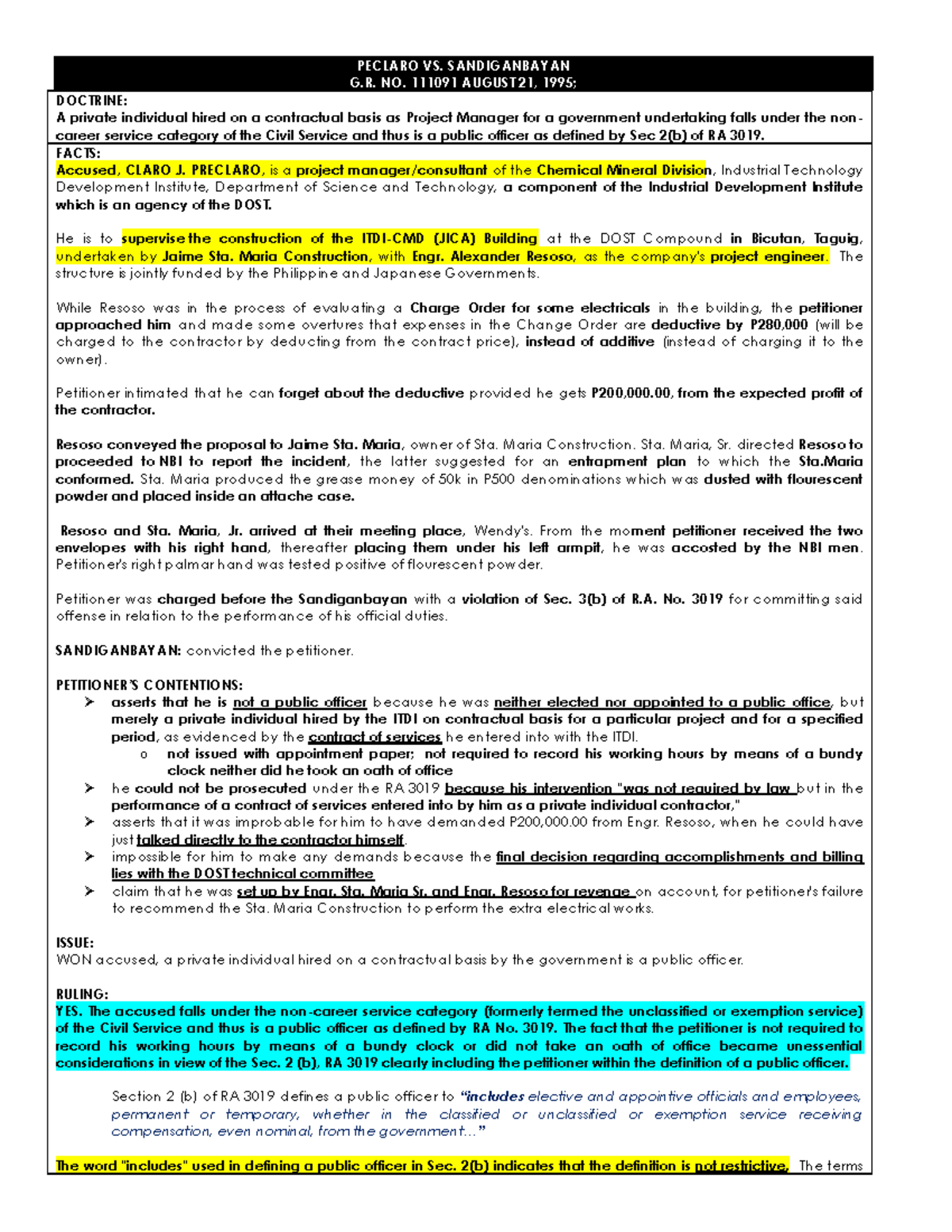 RA 3019 Cases - special penal law - PECLARO VS. SANDIGANBAYAN G. NO ...