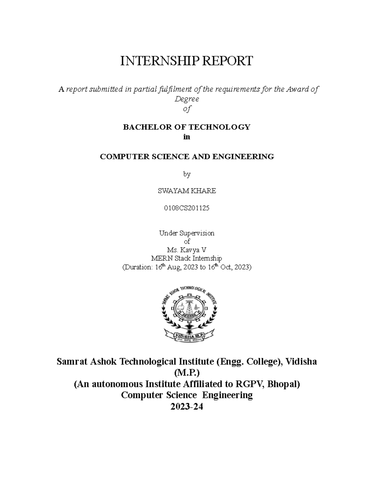 Internship Report Swayam Khare Final - INTERNSHIP REPORT A report submitted in partial ...