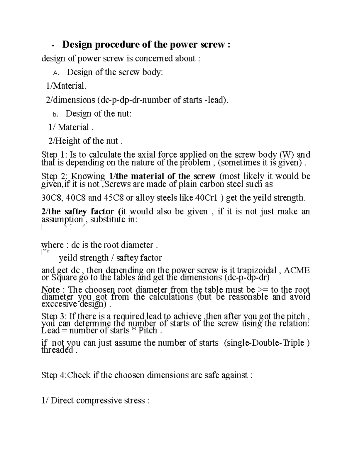 Design procedure of power screw - • Design procedure of the power screw ...