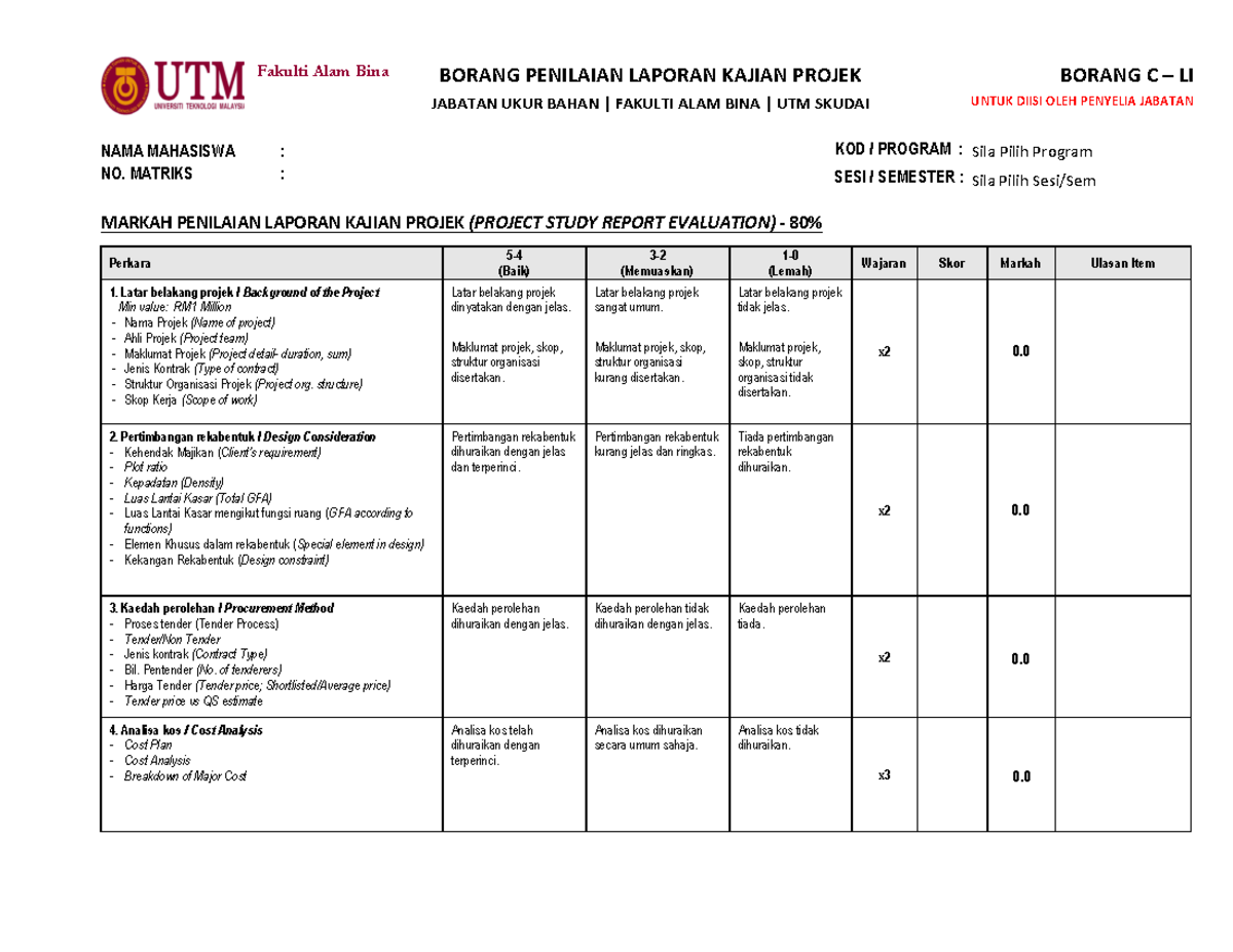 Borang C-LI JUB - NAMA MAHASISWA : NO. MATRIKS : MARKAH PENILAIAN ...