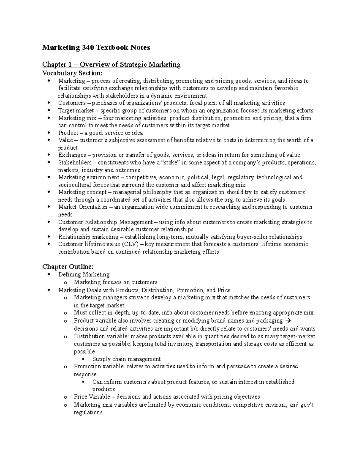 Marketing 340 Textbook Notes - Marketing 340 Textbook Notes Chapter 1 ...