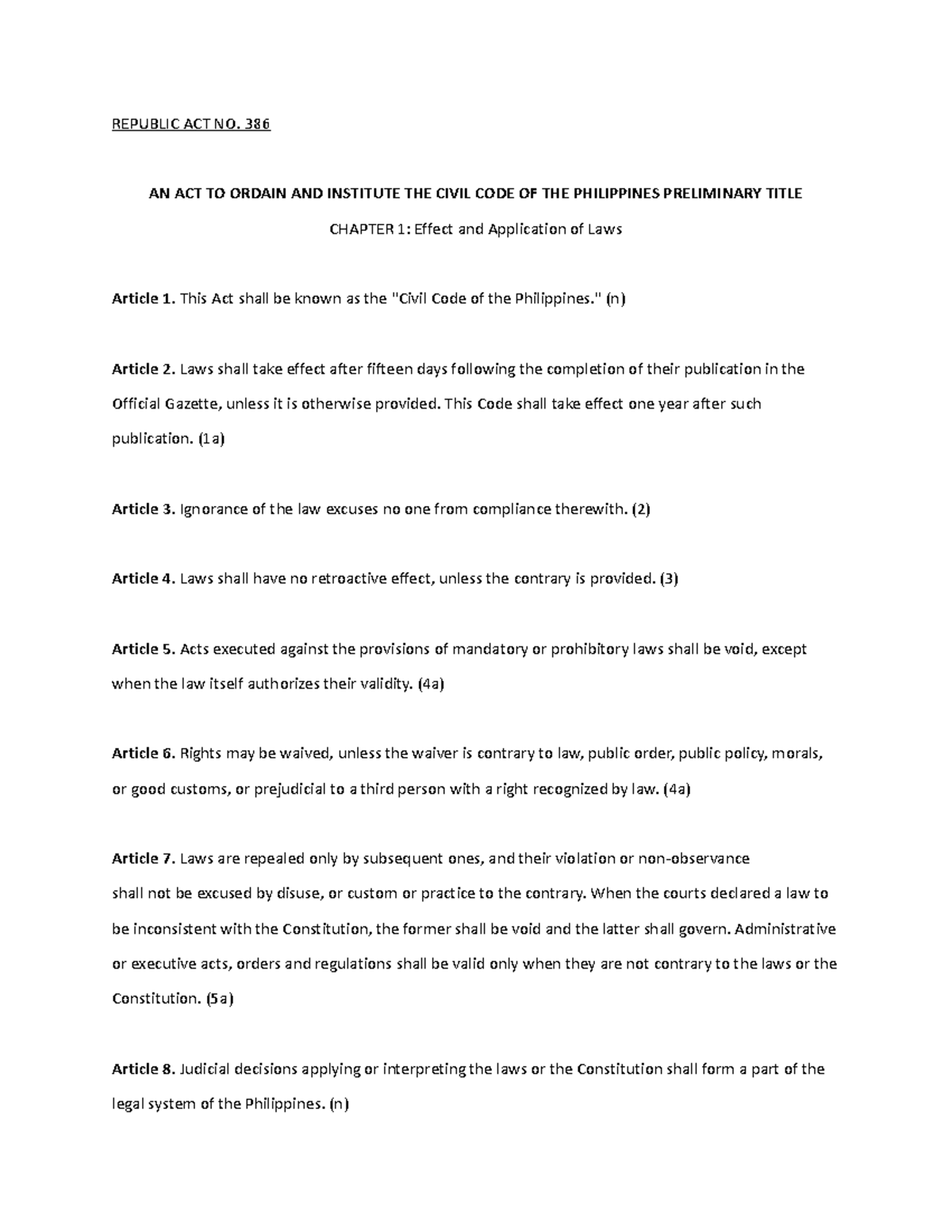 Civil code R.A. 386 (1-12) - REPUBLIC ACT NO. 386 AN ACT TO ORDAIN AND ...