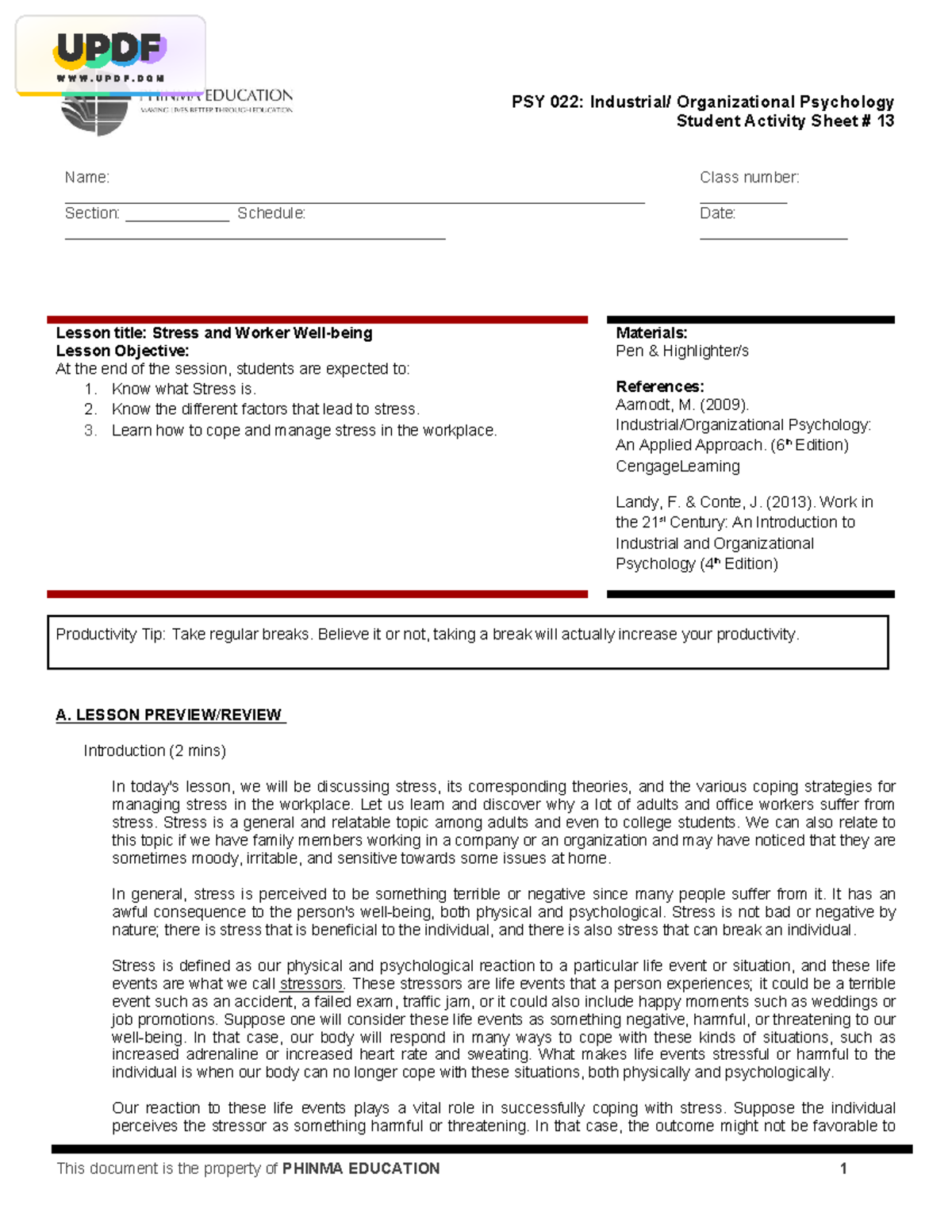 IO - Lesson 13 - industrial and organizational psychology - Student ...