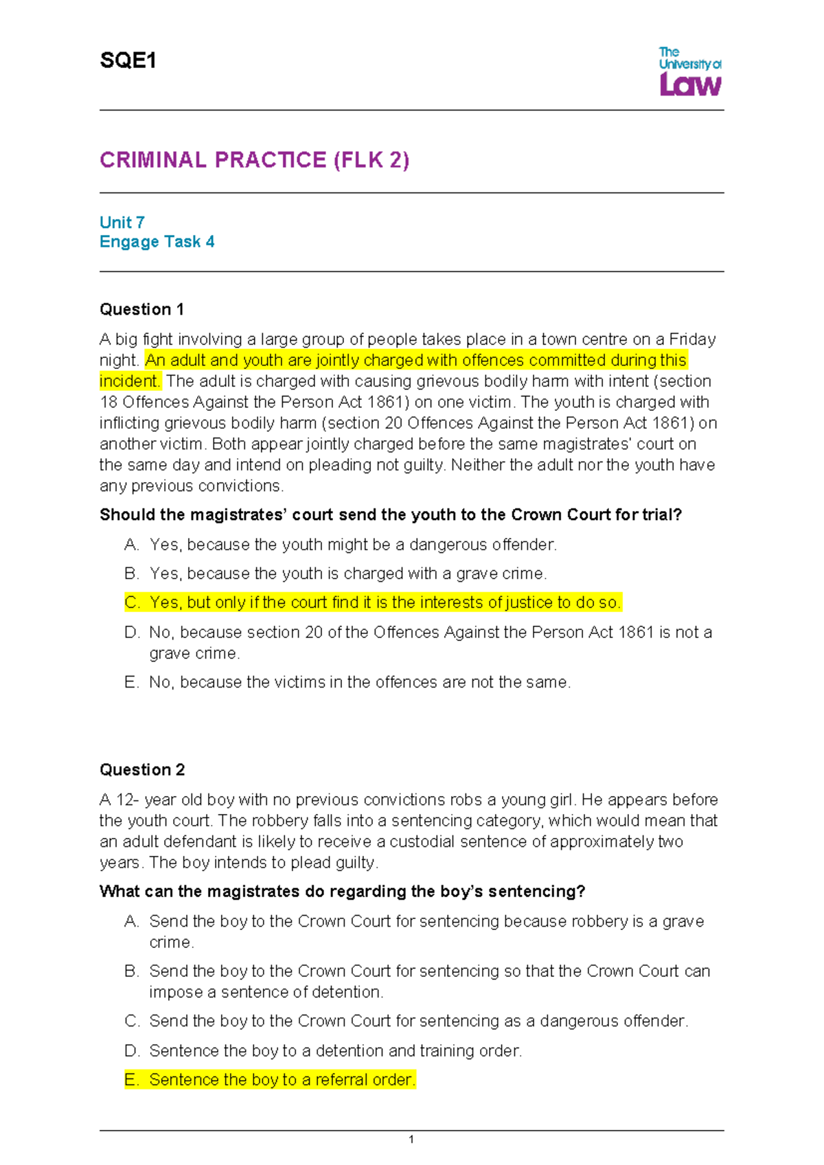 Single best answers questions - SQE CRIMINAL PRACTICE (FLK 2) Unit 7 ...