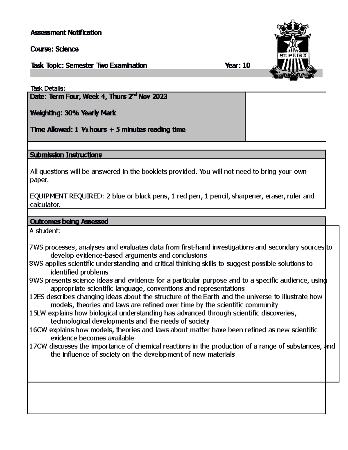 Assessment Notification y10 science exam sem 2, 2023 - Assessment ...