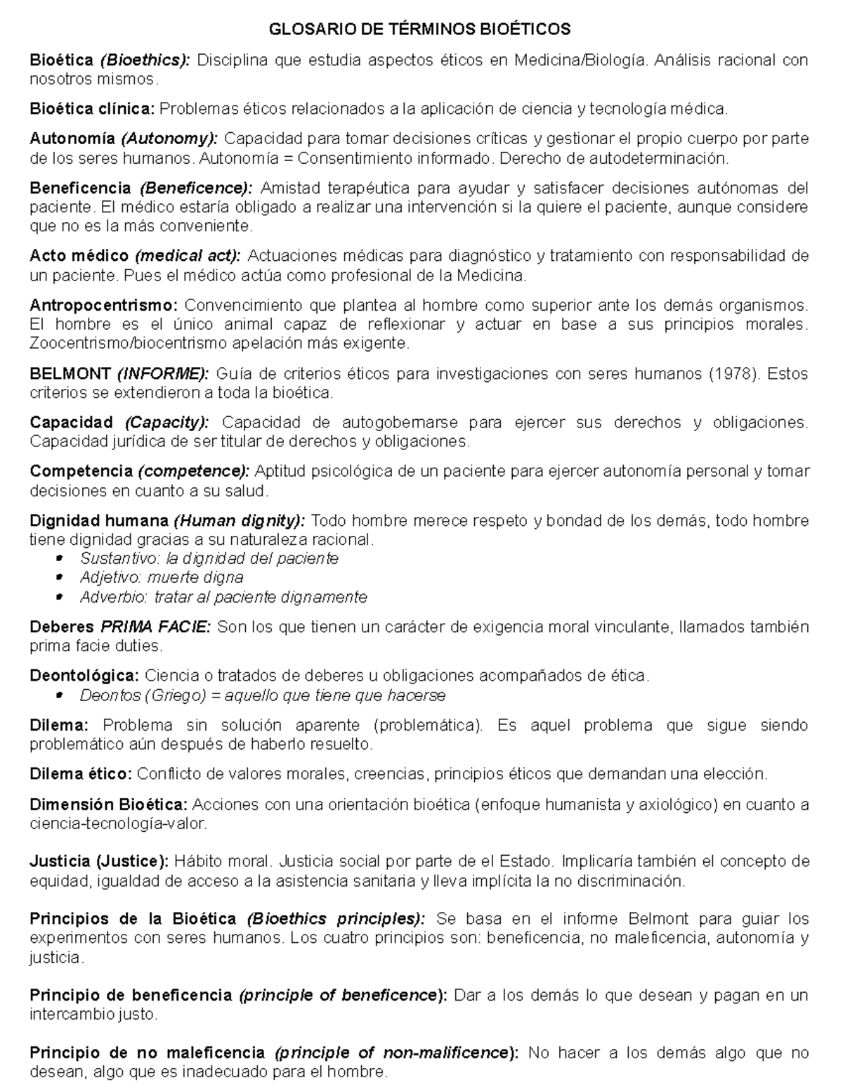 Glosario Ético - Términos básicos de la bioética - GLOSARIO DE TÉRMINOS BIOÉTICOS Bioética - Studocu