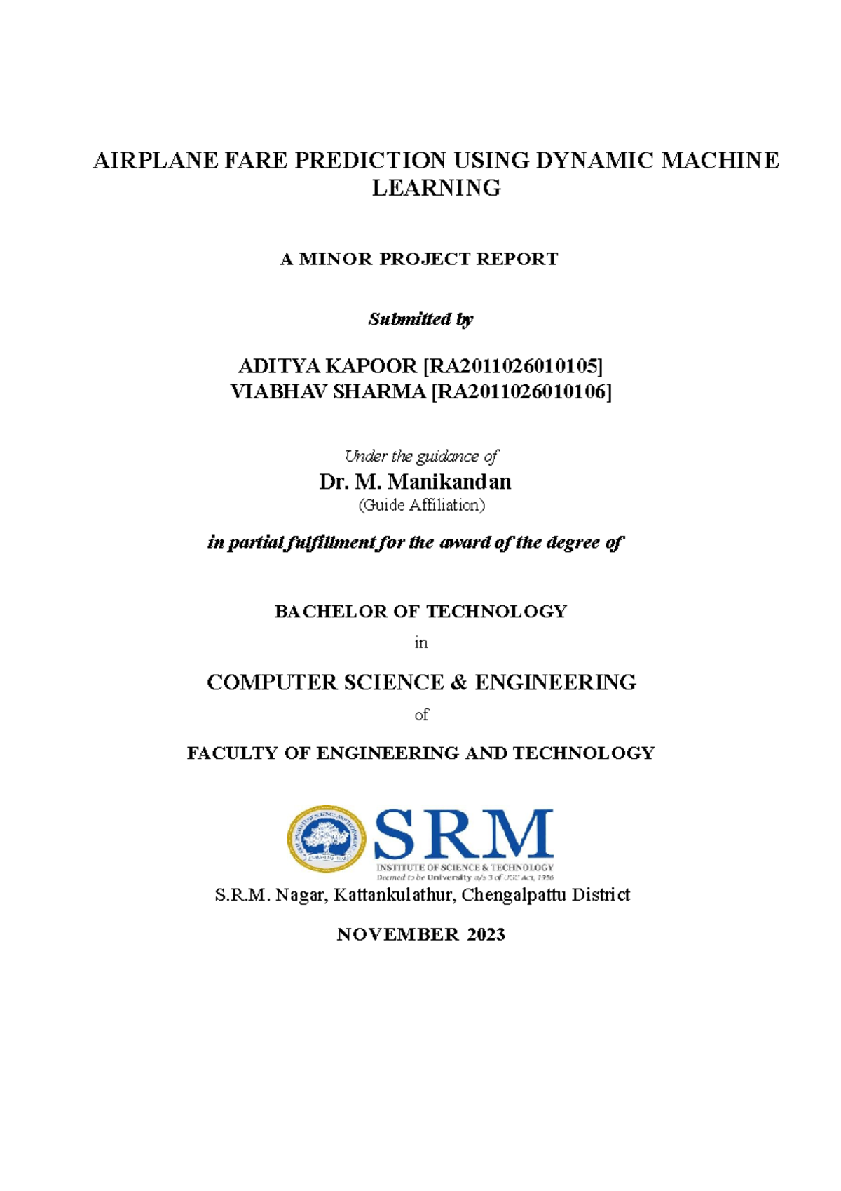 Final report minor project - AIRPLANE FARE PREDICTION USING DYNAMIC ...