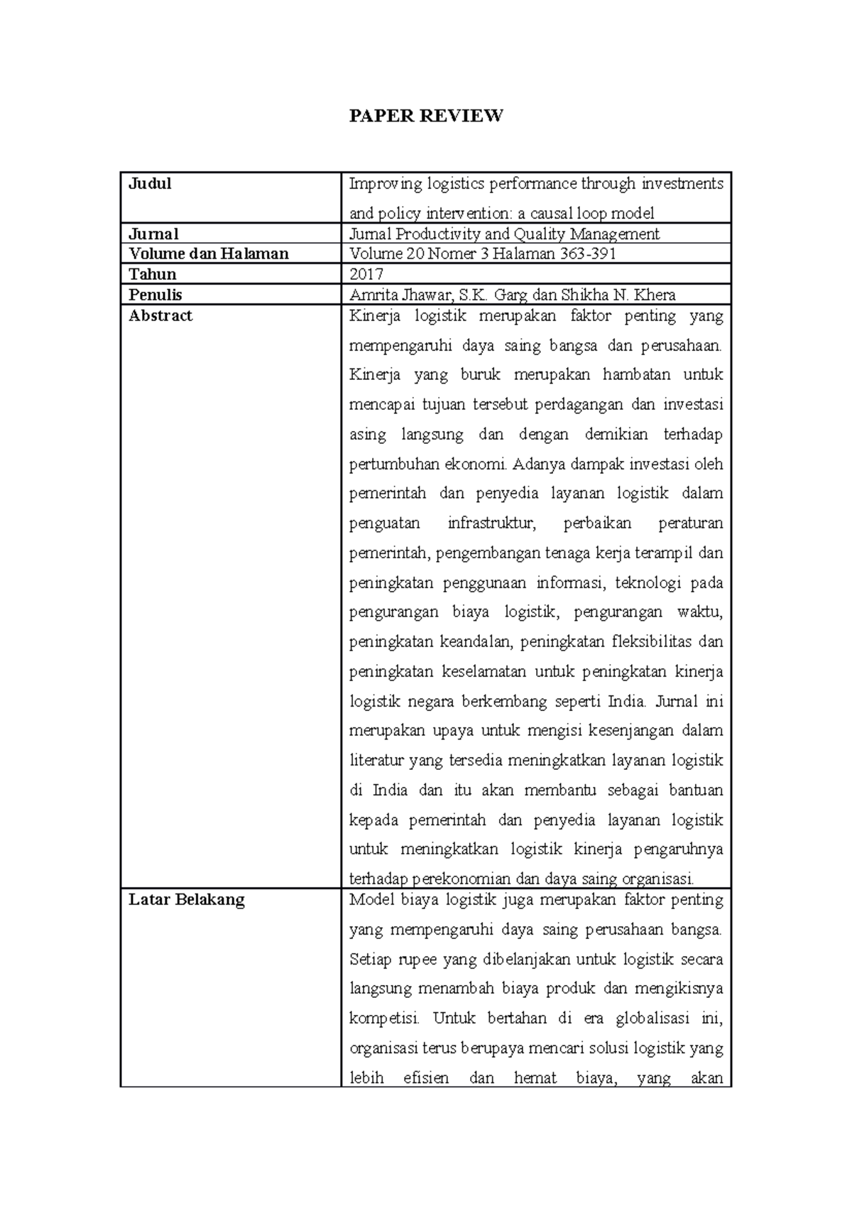 Paper Review - sss - PAPER REVIEW Judul Improving logistics performance ...