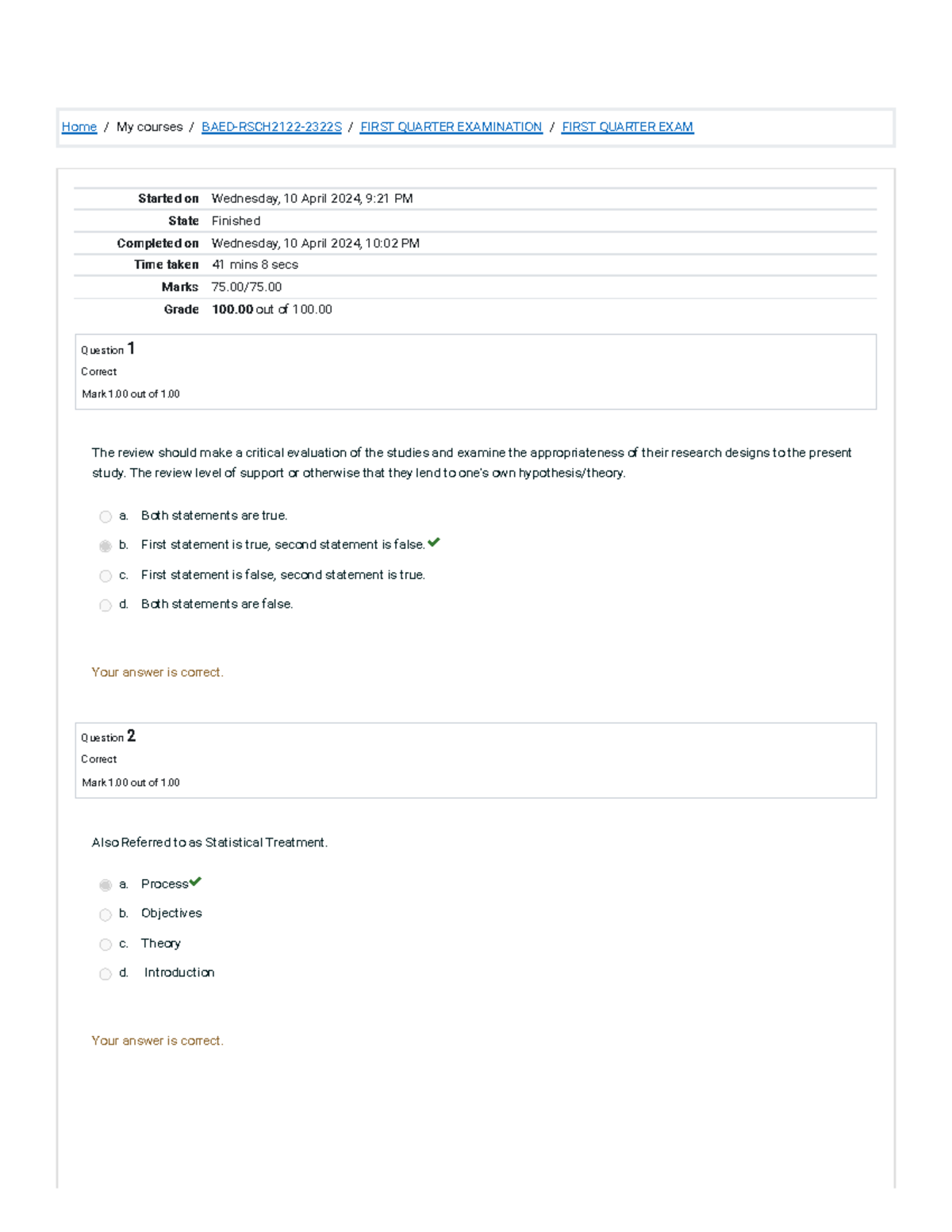 First Quarter EXAM: Attempt review - Home / My courses / BAED-RSCH2122 ...