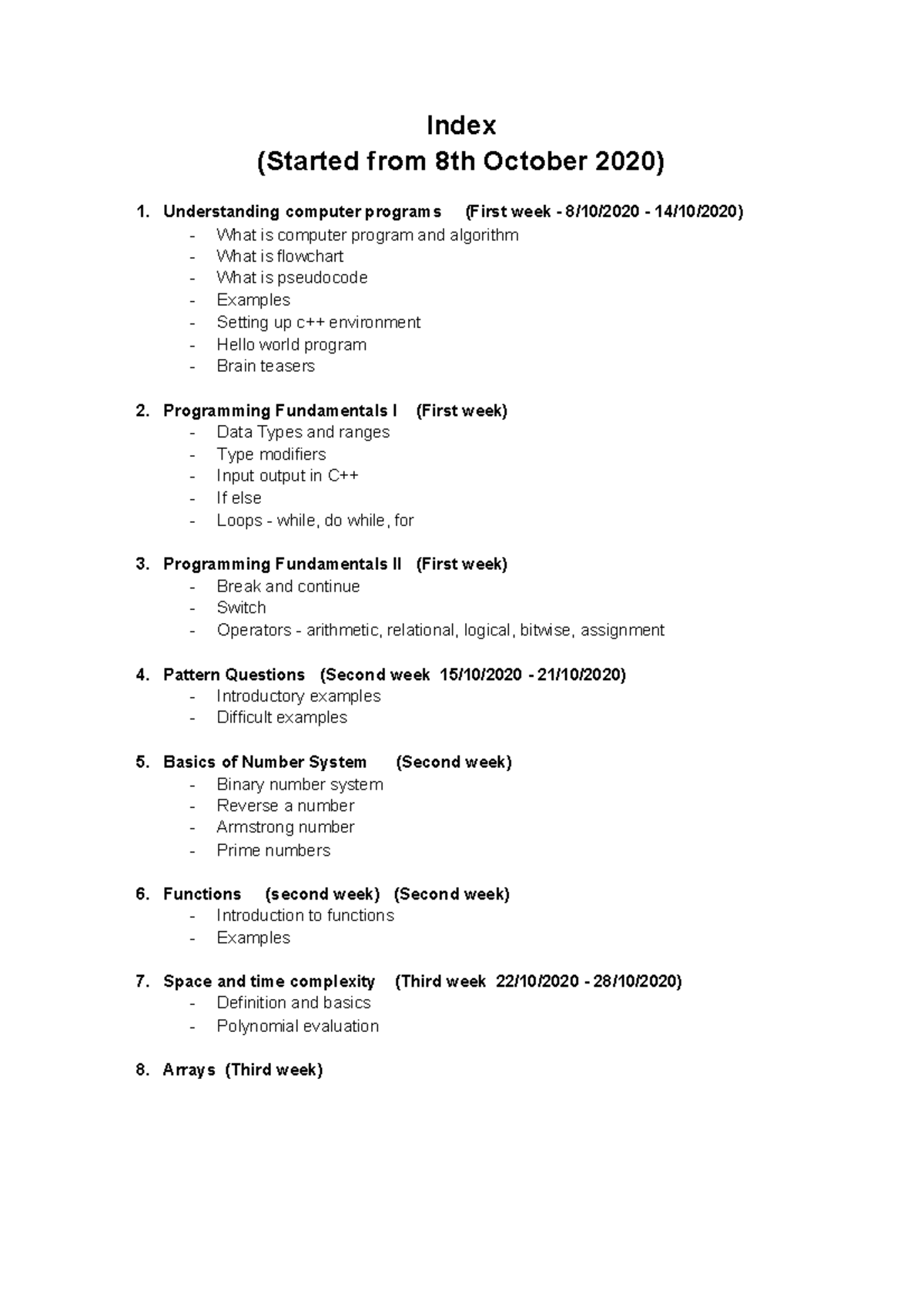 Timeline of C++ Course - Index (Started from 8th October 2020) 1 ...