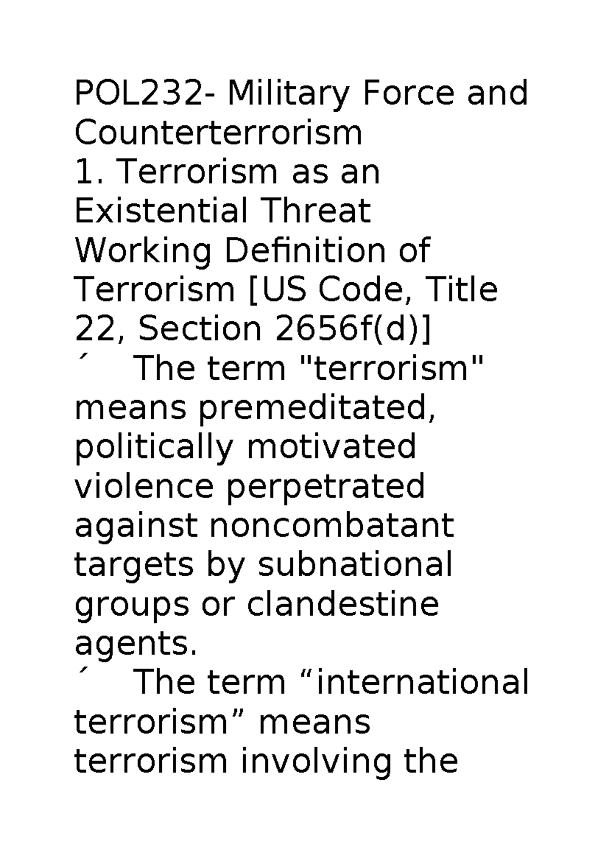 SUS100 - week 3 notes - POL232- Military Force and Counterterrorism 1 ...