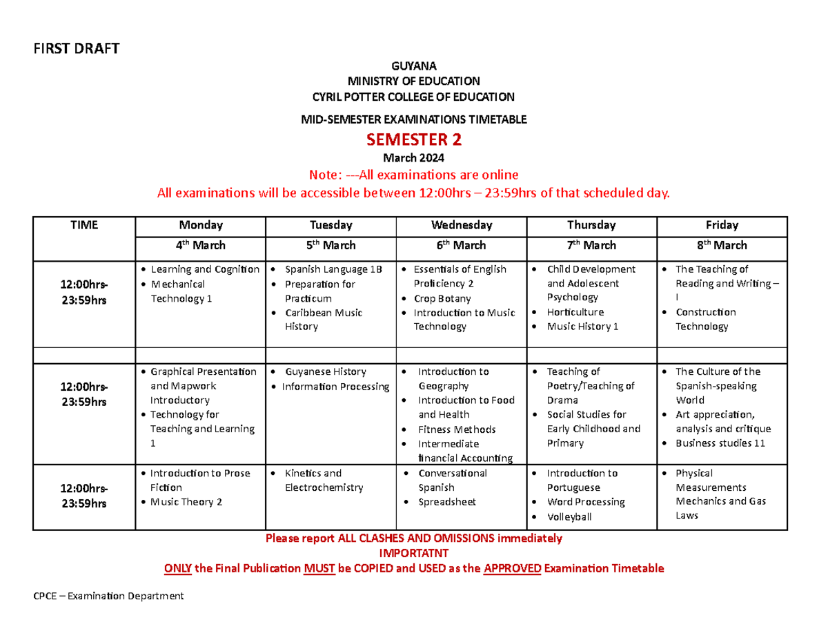 MID Semester Examination Timetable SEM 2 AND 4 March 2024 - FIRST DRAFT ...
