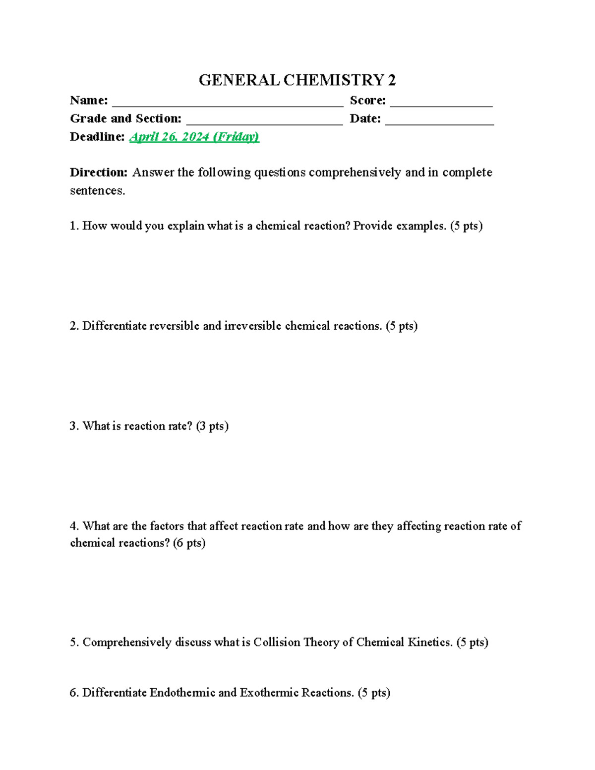 Gen Chem 2 Activity - GENERAL CHEMISTRY 2 Name ...