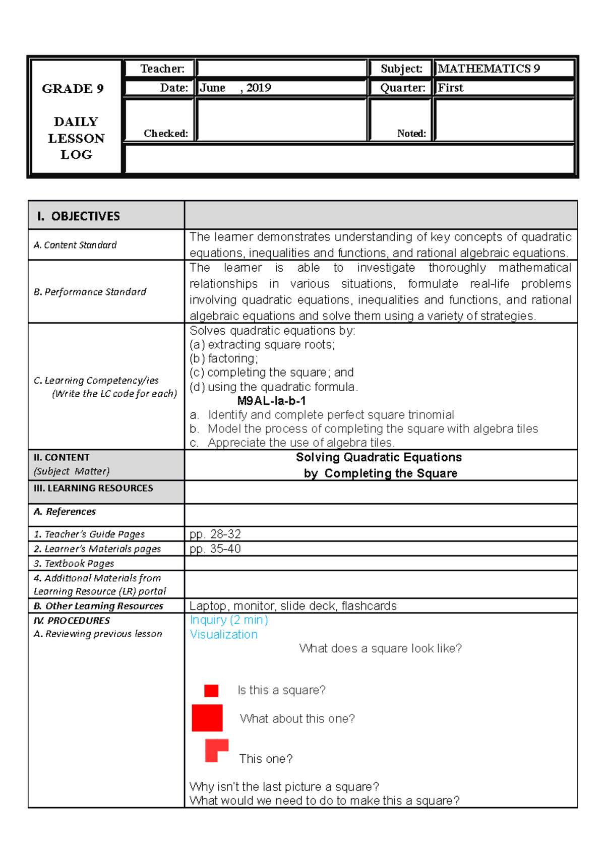 Z 6 DLL Completing The Square - GRADE 9 DAILY LESSON LOG Teacher ...