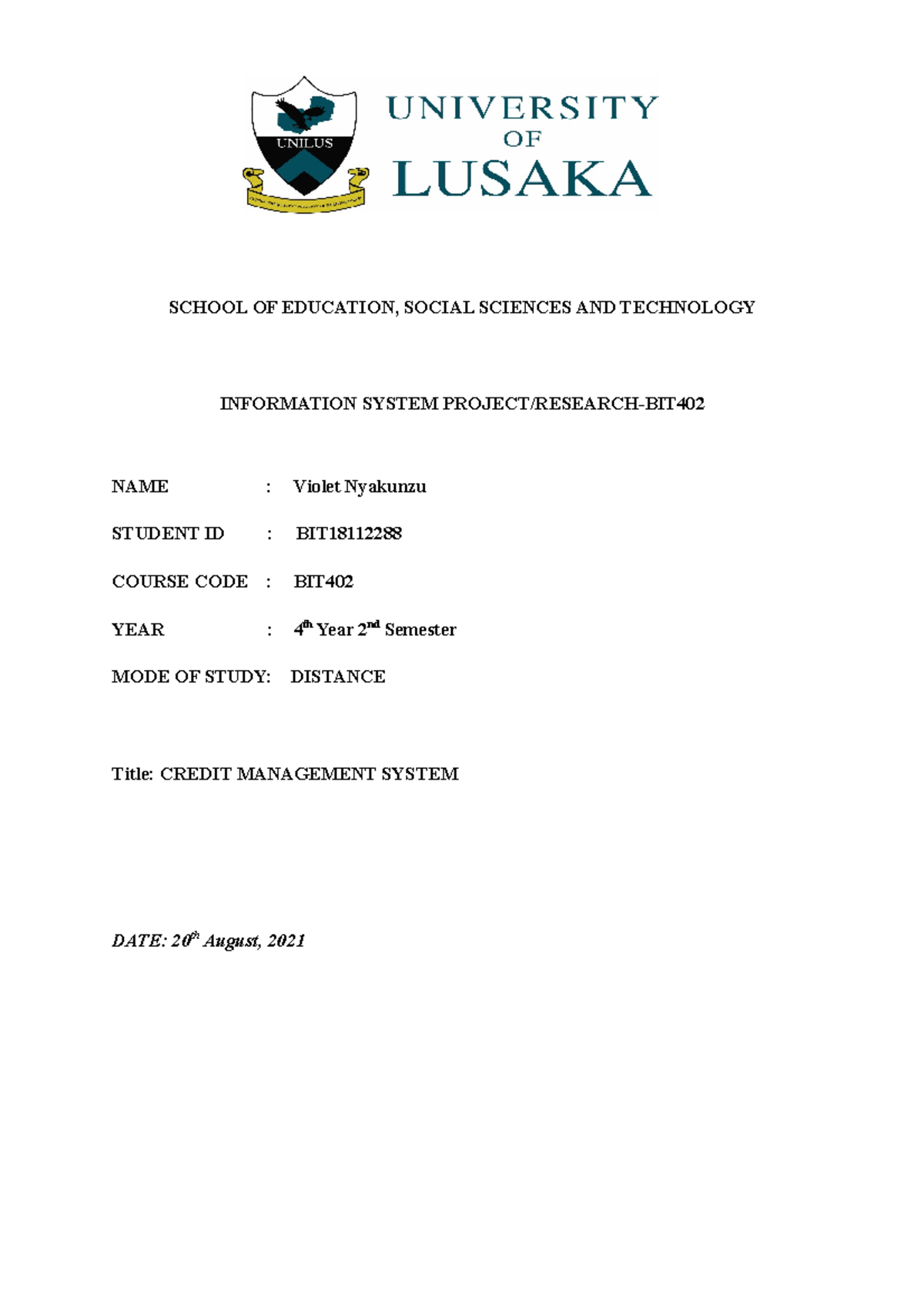 Credit Management System (Compiled) - SCHOOL OF EDUCATION, SOCIAL ...